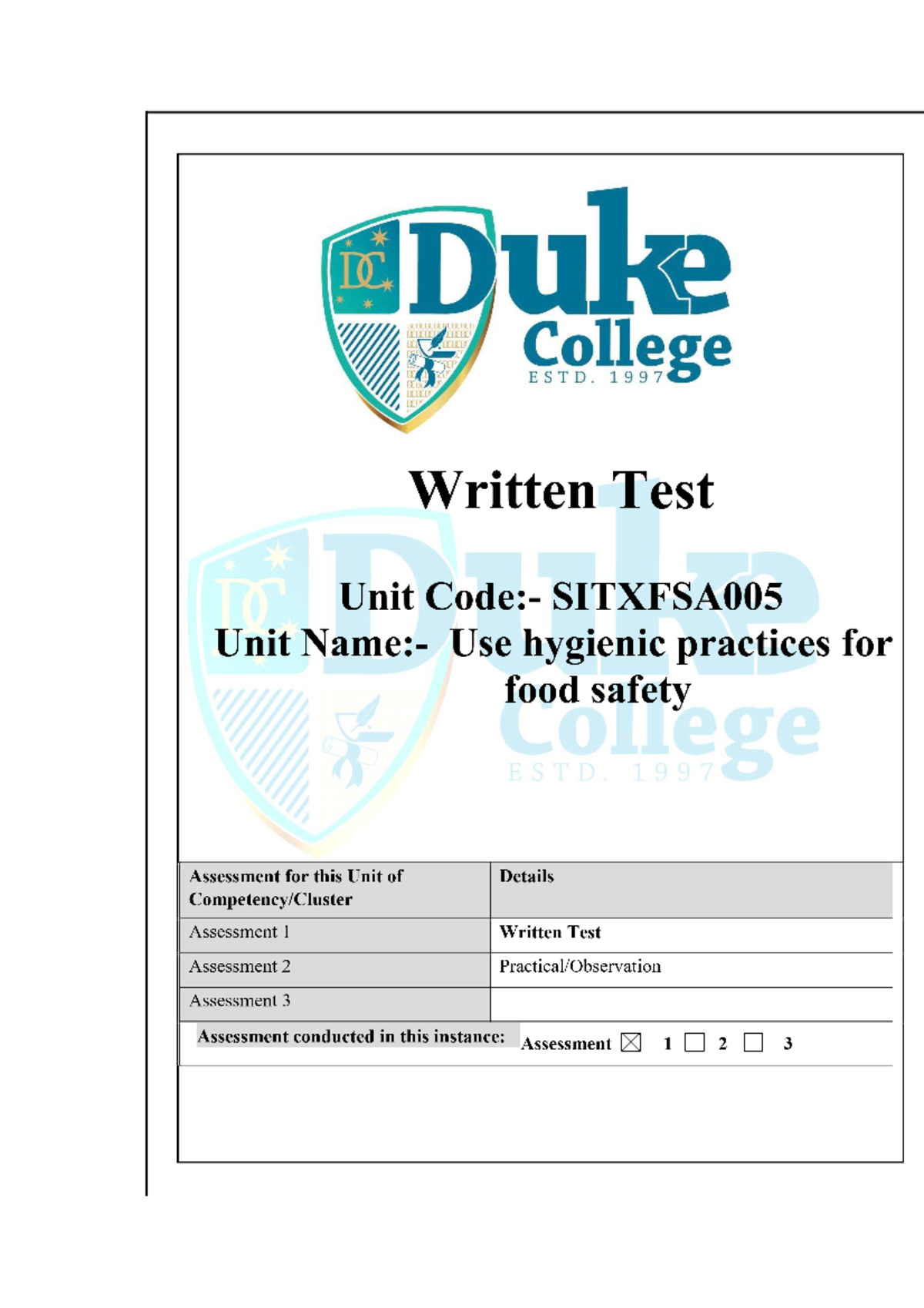 Use hygine written test - Assessment Guidelines What will be assessed ...