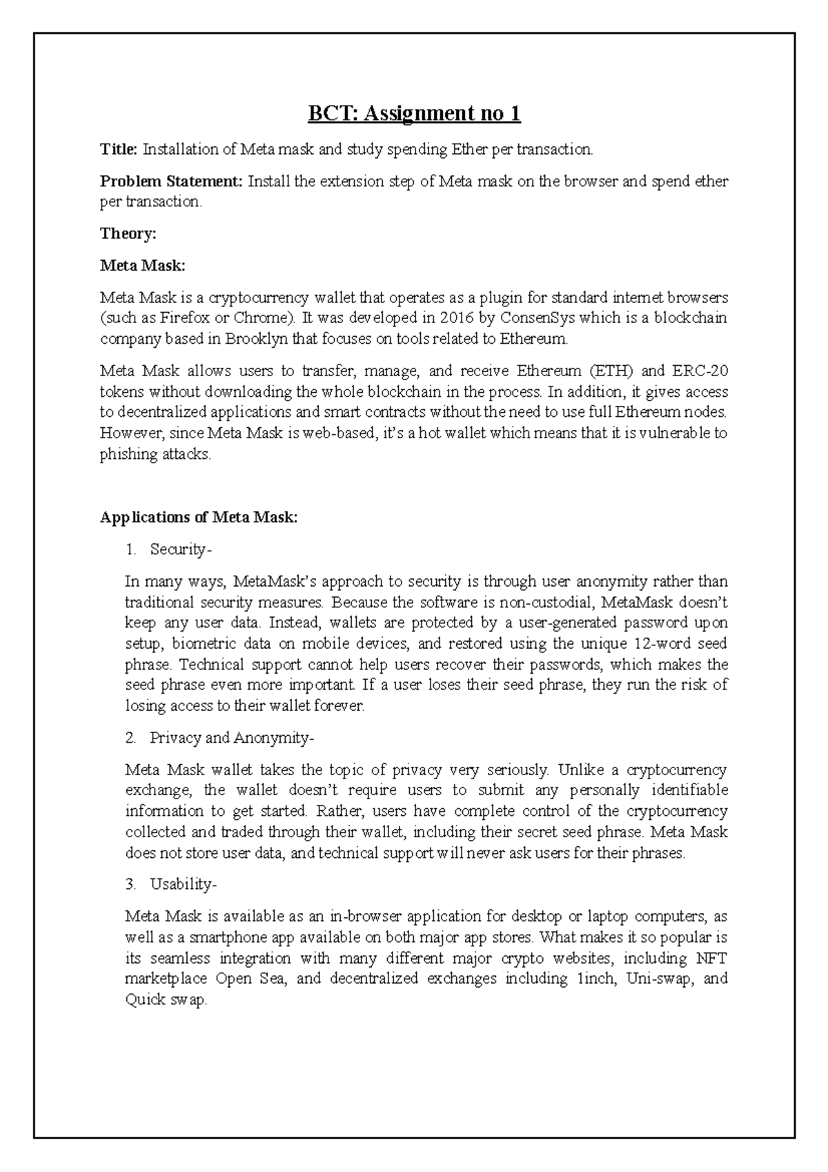 BCT asssign 1 & 2 - noooooooooooooooooooooooooooooooooooooooo - BCT: Assignment no 1 Title ...