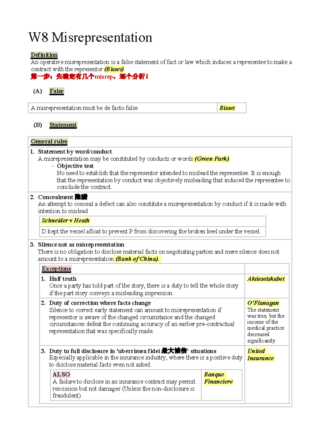 W8 Misrepresentation - Definition An operative misrepresentation is a ...
