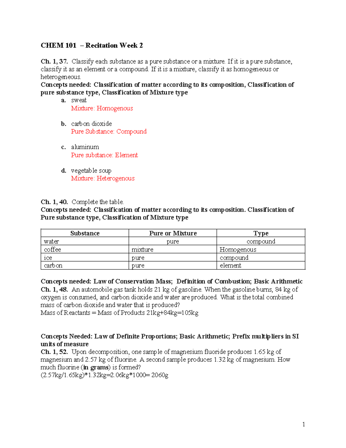 CHEM 101 Recitation Week 2 - CHEM 101 – Recitation Week 2 Ch. 1, 37 ...