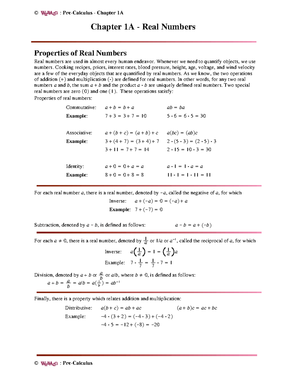 practice for Mathematics - © : Pre - Calculus - Chapter 1A Chapter 1A ...