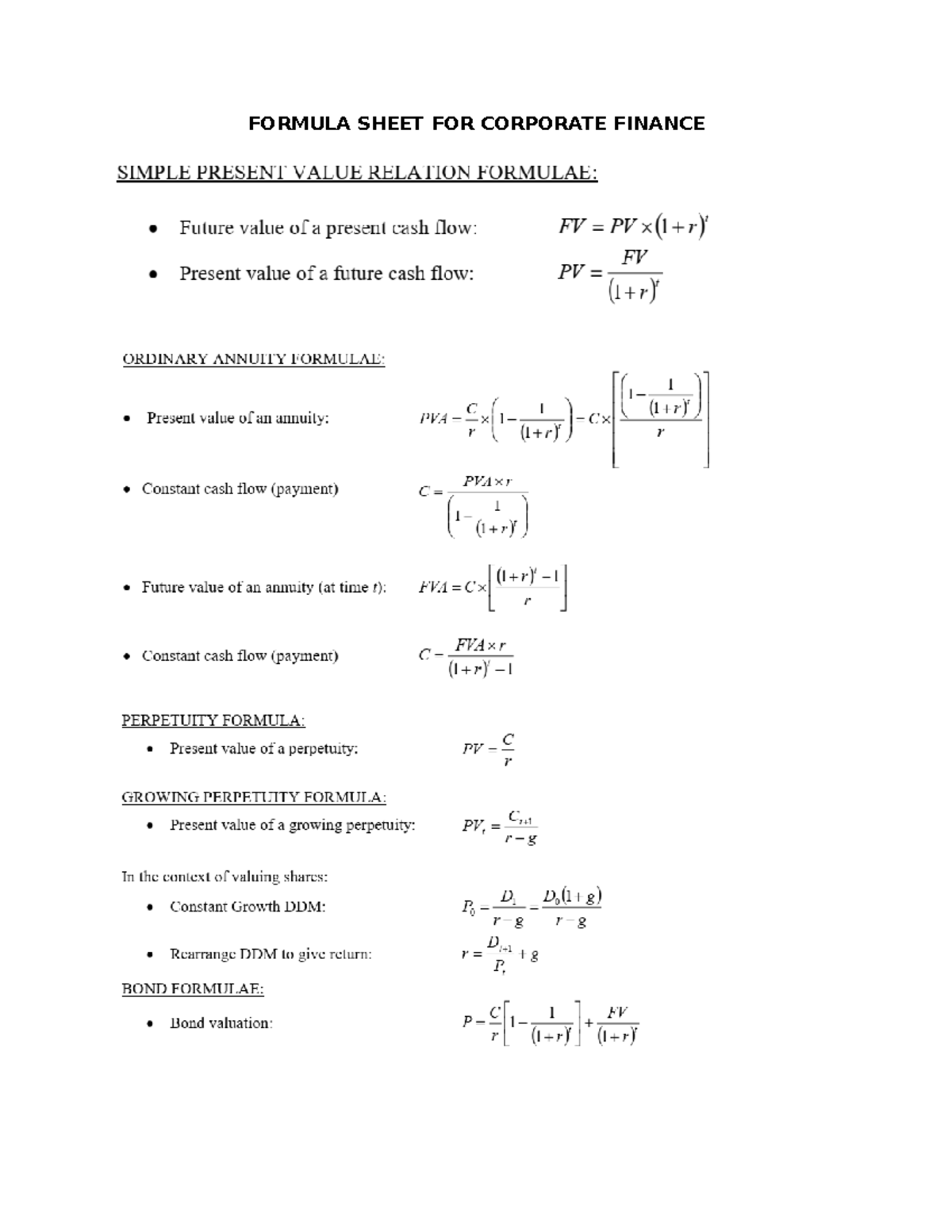Formula Sheet FOR Corporate Finance - tài chính doanh nghiệp - FORMULA ...