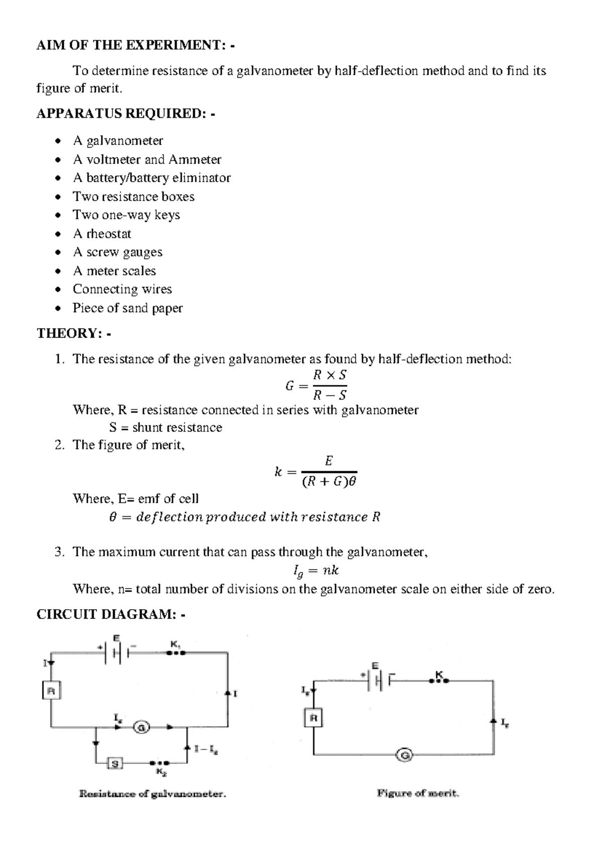 HALF Deflection OF Galvanometer - AIM OF THE EXPERIMENT: - To determine ...