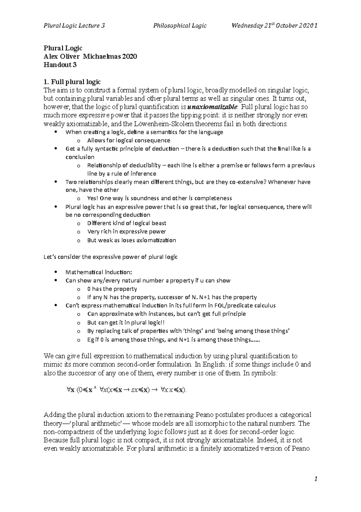 Plural Logic Handout 3 Lecture Notes 3 Plural Logic Alex Oliver Michaelmas 2020 Handout 3 1 7857