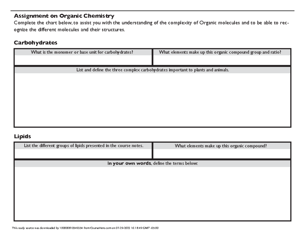 Organic Chemistry Worksheet copia - Assignment on Organic Chemistry ...