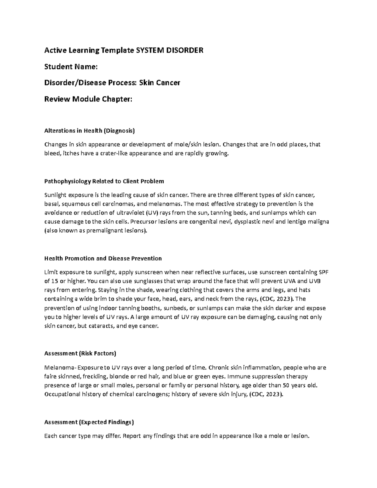NR442 Week 4 ATI System Disorder Skin Cancer - Active Learning Template ...