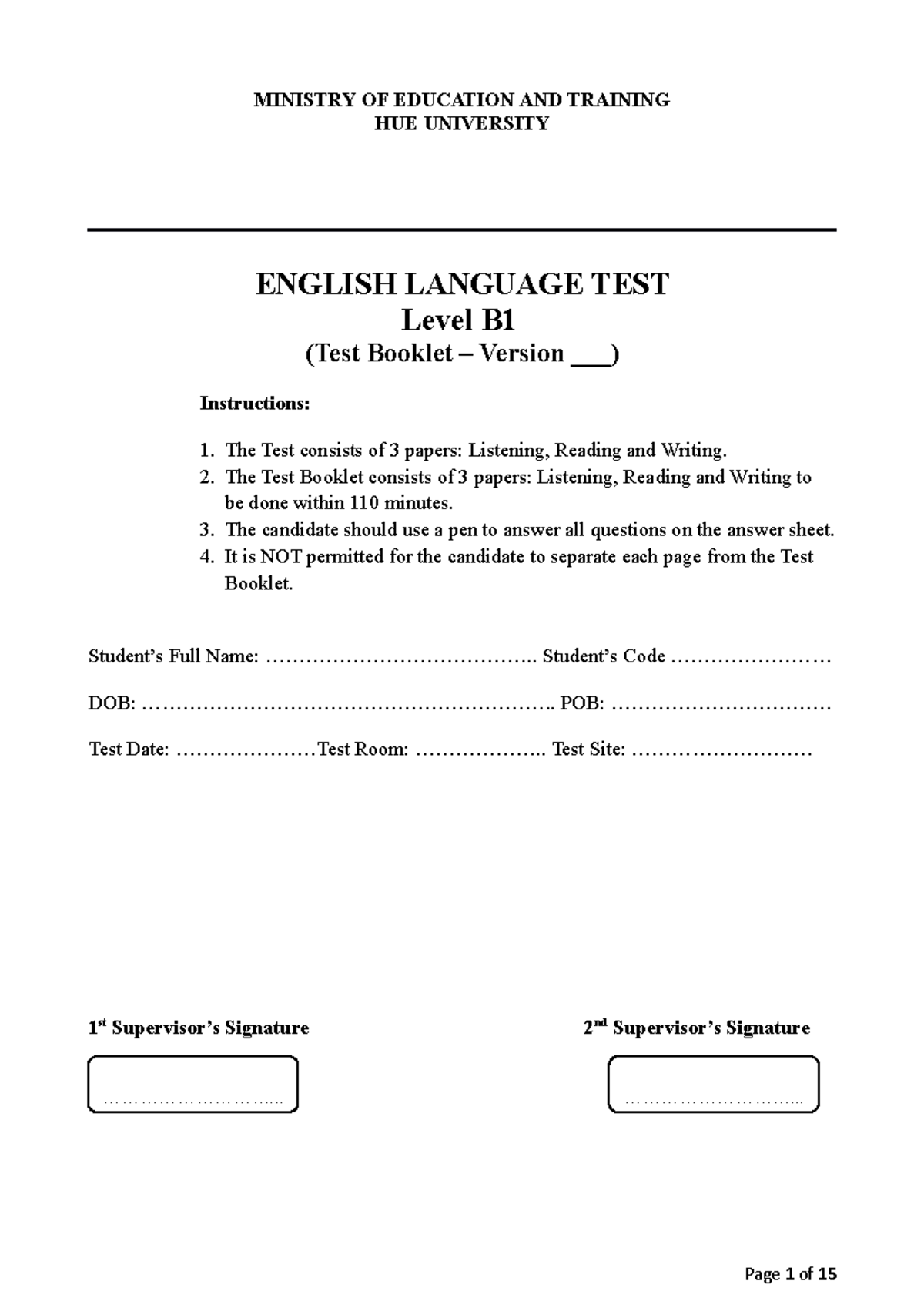 Test 3 - noooo - MINISTRY OF EDUCATION AND TRAINING HUE UNIVERSITY ...