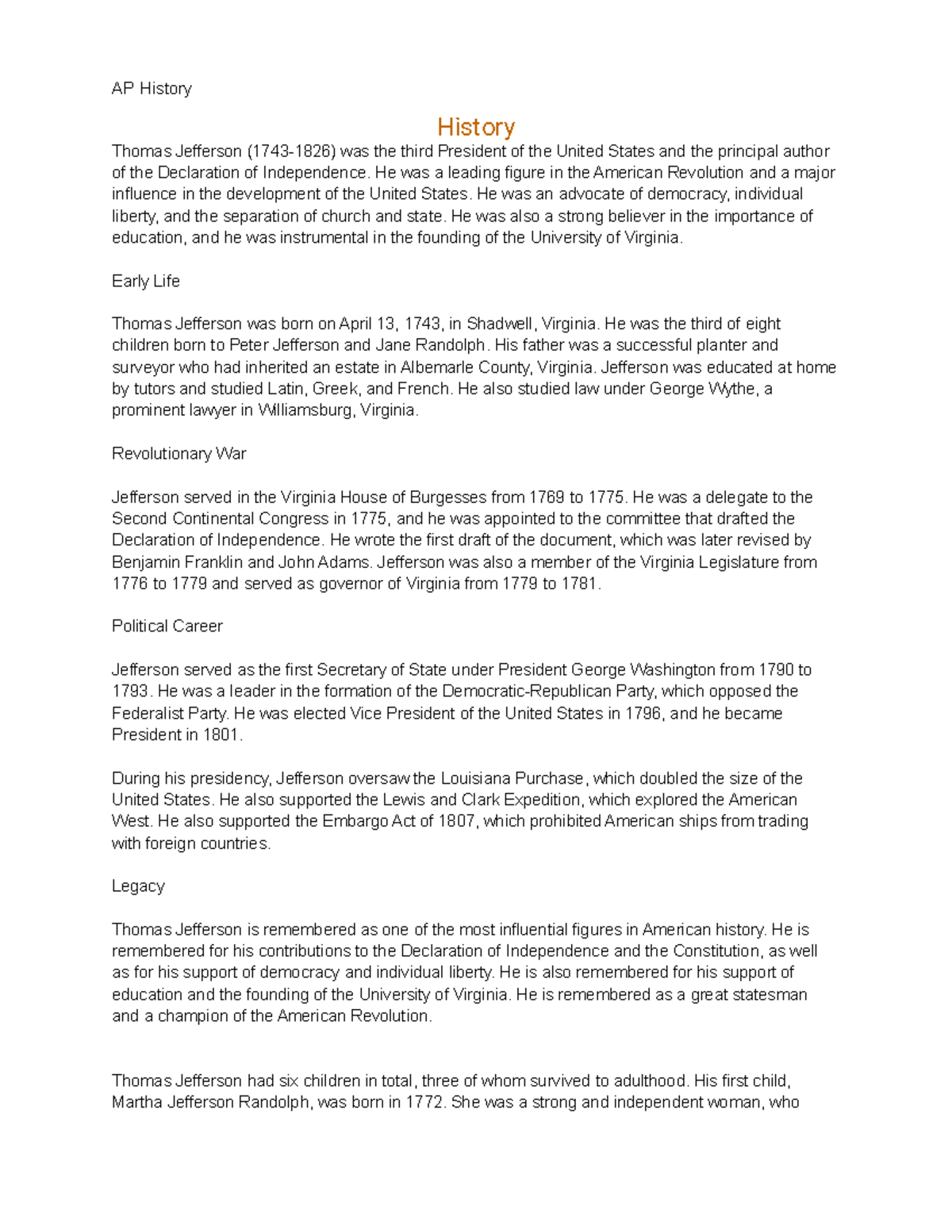 Thomas Jefferson - AP History History Thomas Jefferson (1743-1826) was ...