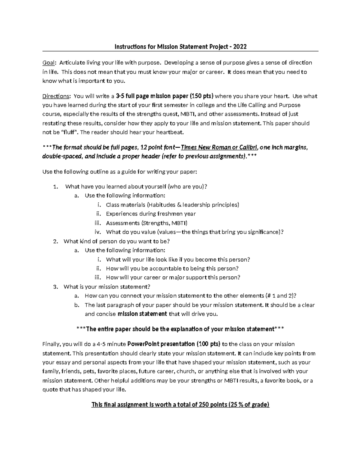 2022 Instructions for Mission Statement Project - Developing a sense of ...