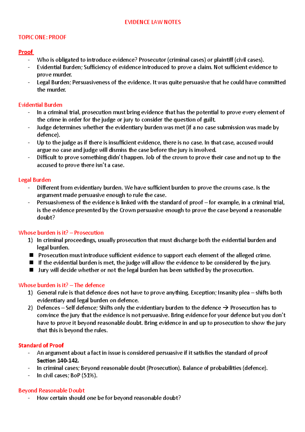 Evidence Law Notes - EVIDENCE LAW NOTES TOPIC ONE: PROOF Proof - Who is ...