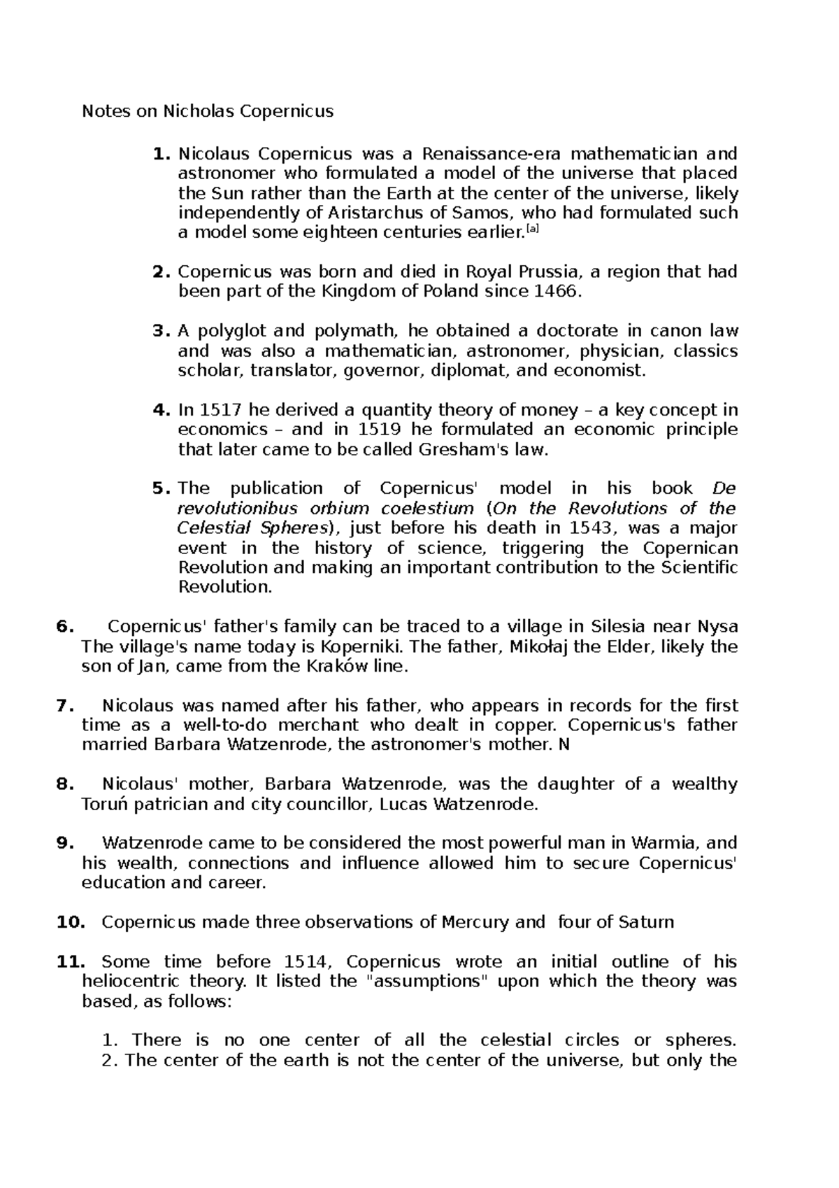 Note 1 - History of Scientist Nicolaus Copernicus - Notes on Nicholas ...