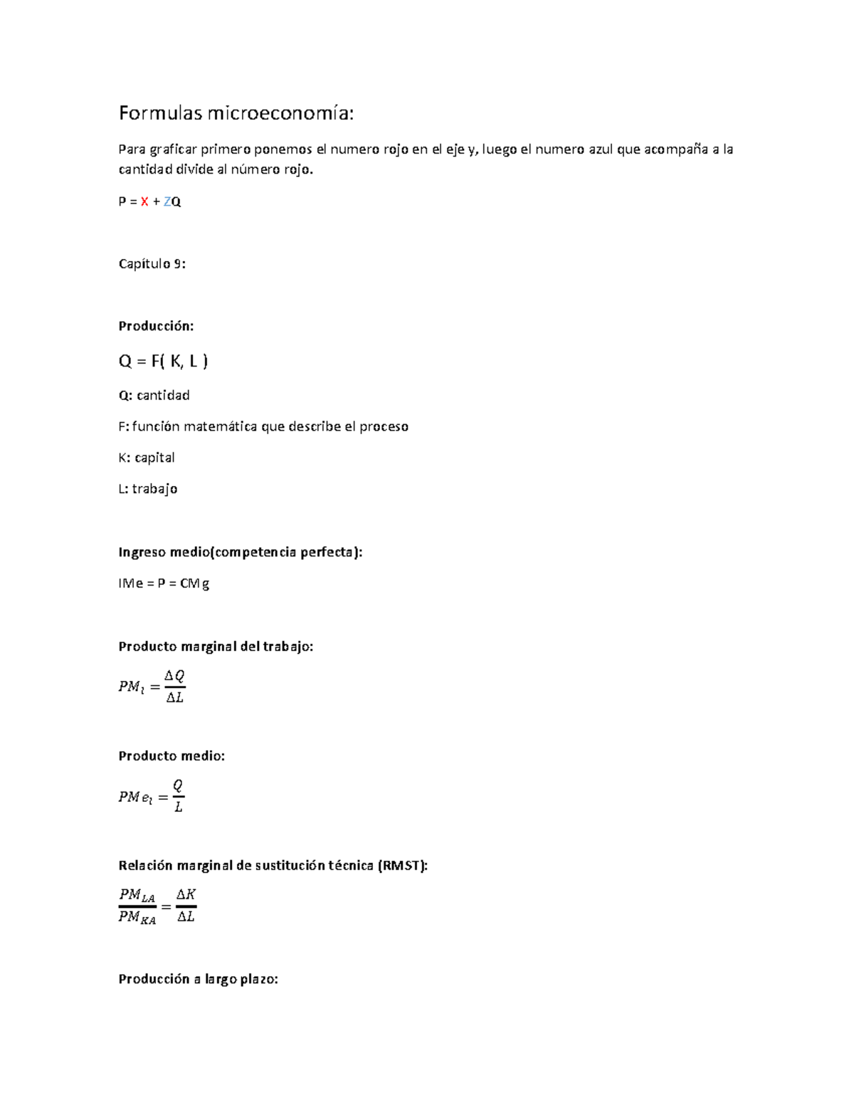 Formulas microeconomía - Formulas microeconomía: Para graficar primero ...