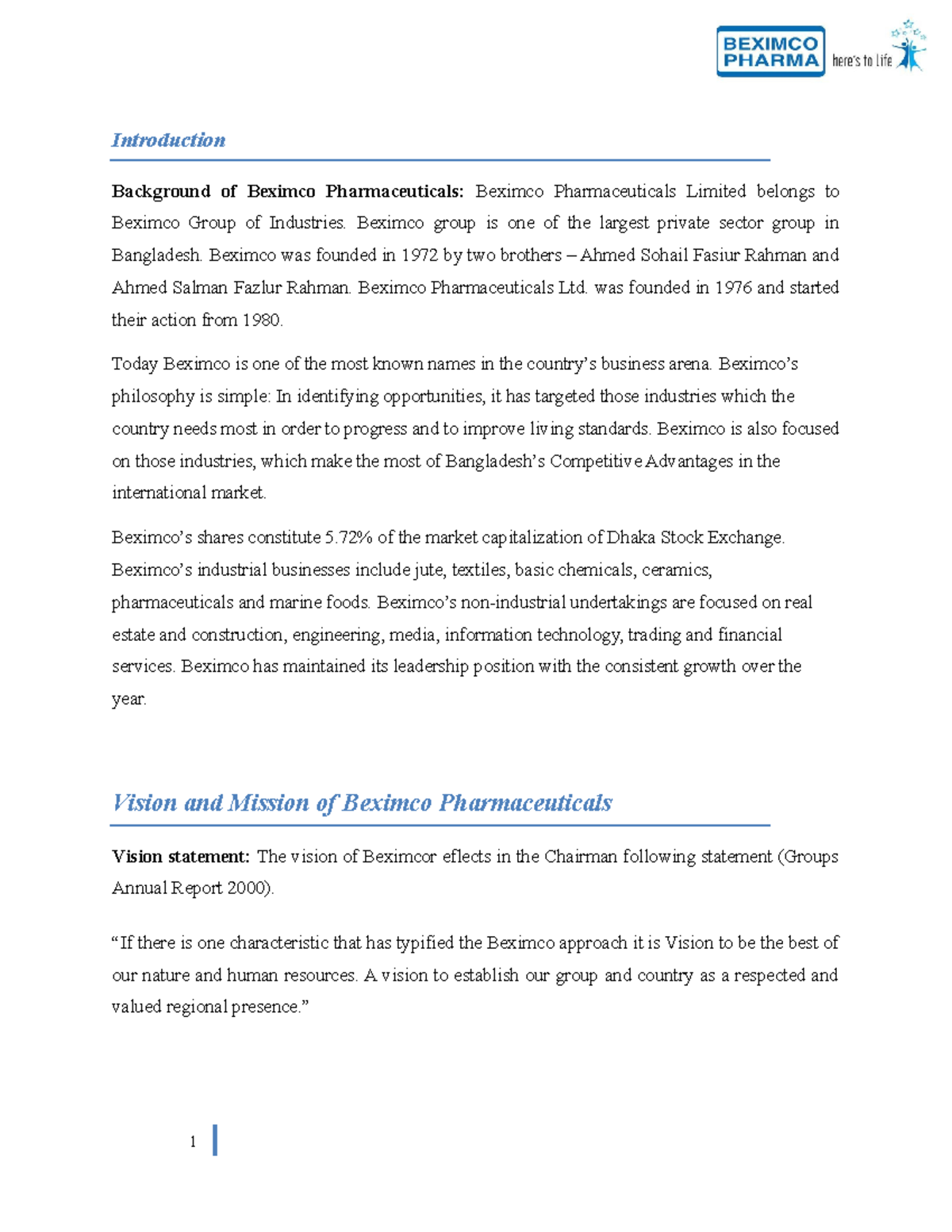 Introduction Background of Beximco Pharm-converted - 1 Introduction ...