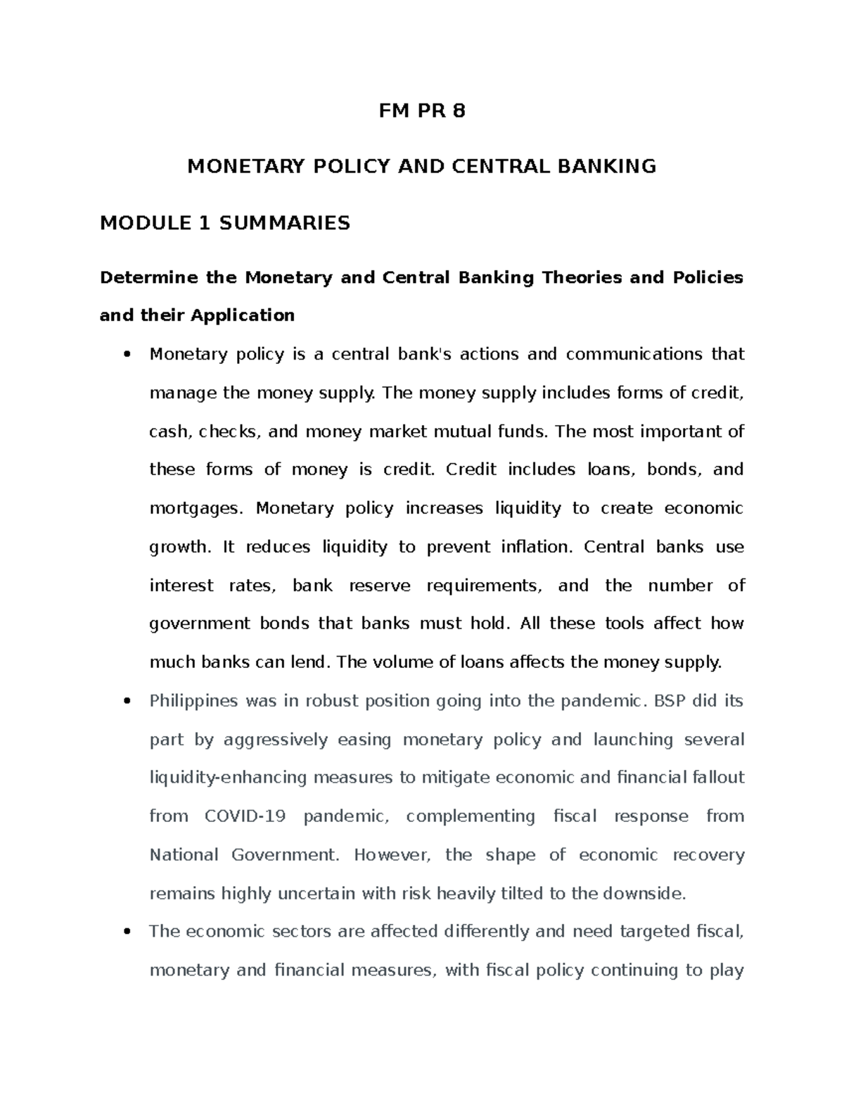 Monetary Policy and Central Banking FMPR8 Module 1 Coure Lesson Summaries - FM PR 8 MONETARY ...