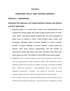 Monetary Policy and Central Banking FMPR8 Module 4 Course Lesson Summaries - FM PR 8 MONETARY ...