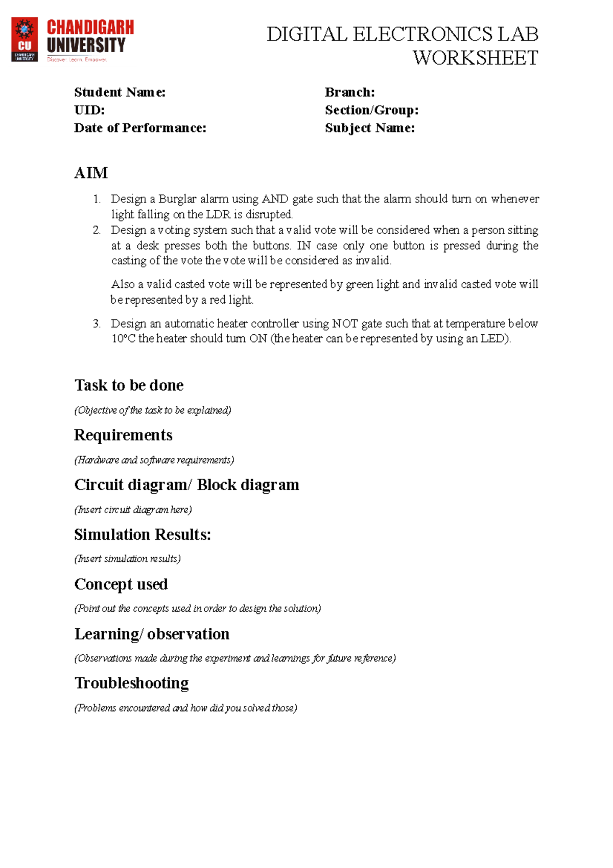 Worksheet Experiment 1 cse computer science - DIGITAL ELECTRONICS LAB ...