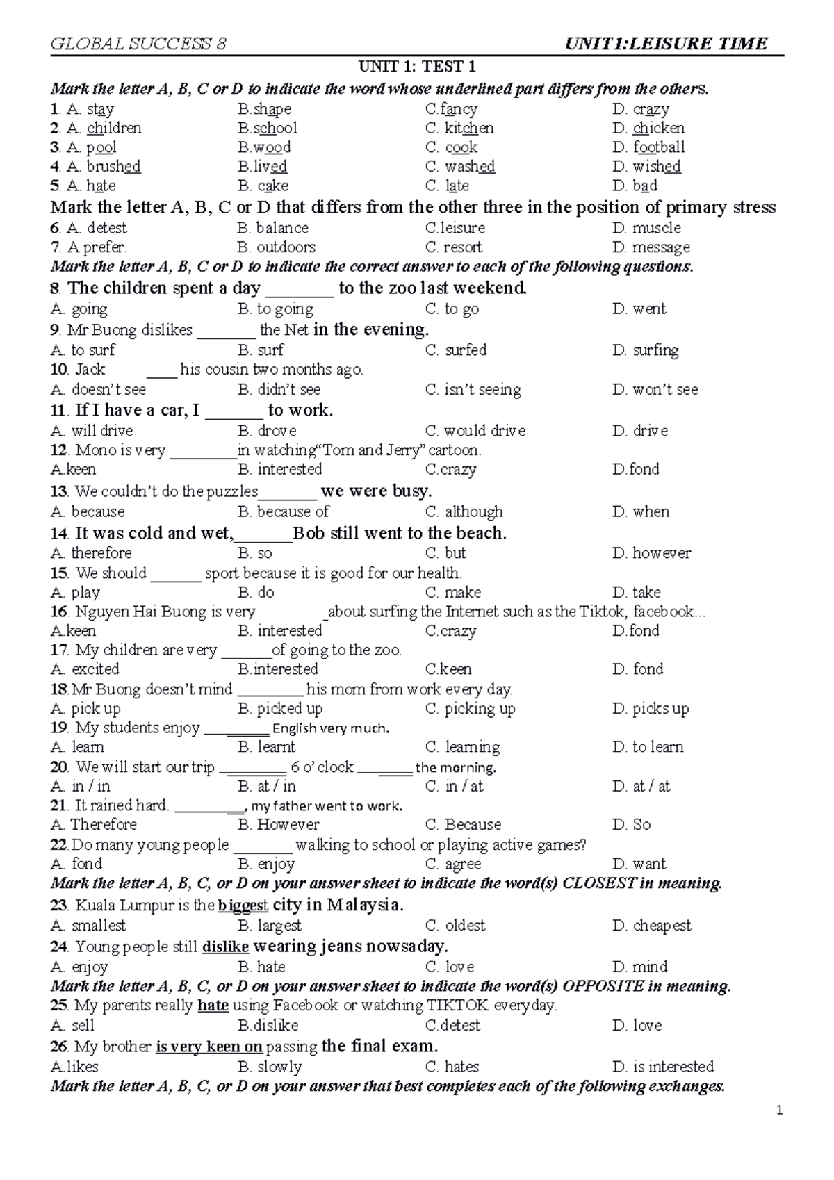 Bài tập bổ trợ anh 8 Global UNIT 1 ( Practice TEST) - GLOBAL SUCCESS 8 ...