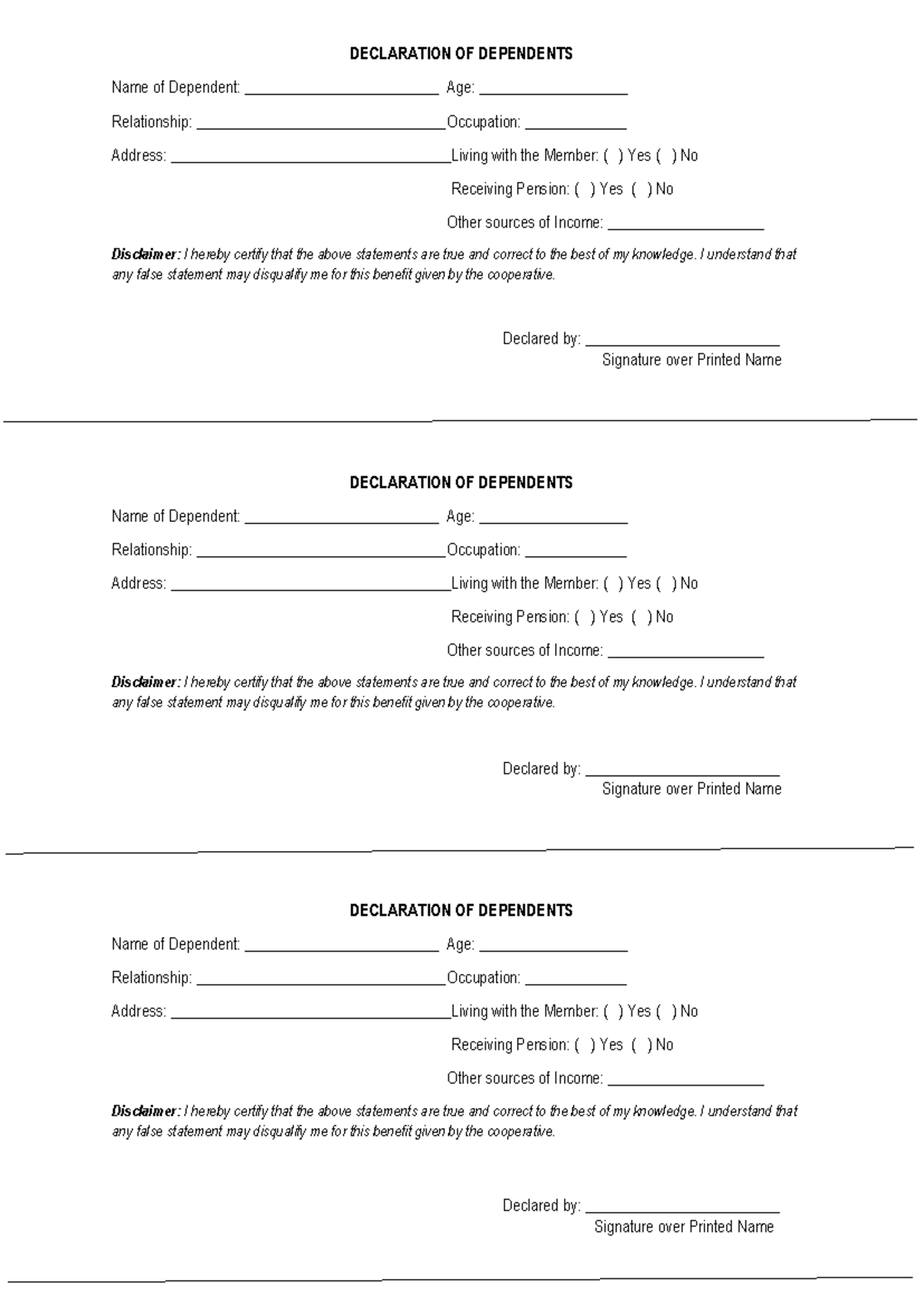 Declaration OF Dependents Form 2023 - DECLARATION OF DEPENDENTS Name of Dependent: - Studocu