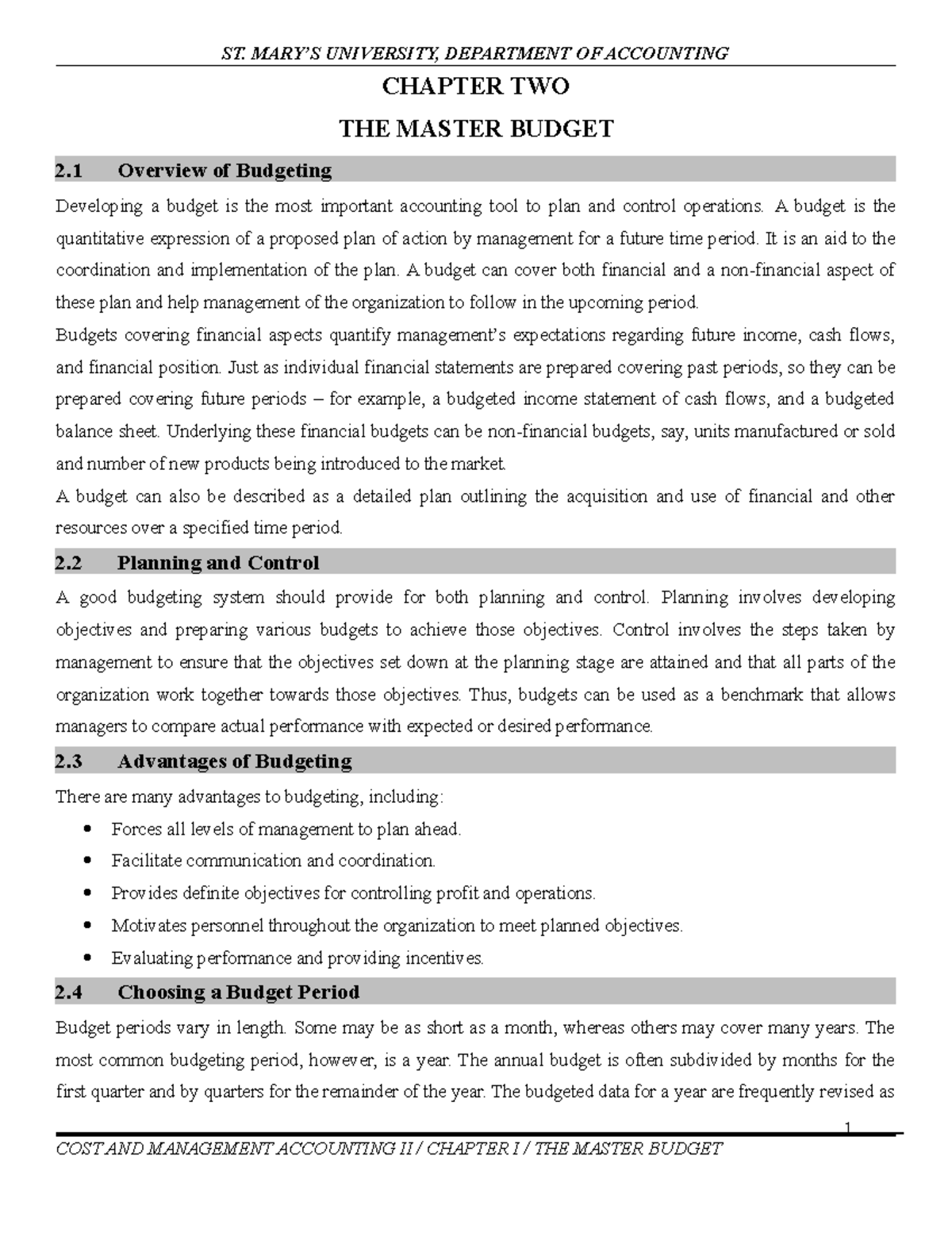 CH - 12 Master Budget - CHAPTER TWO THE MASTER BUDGET 2 Overview of ...