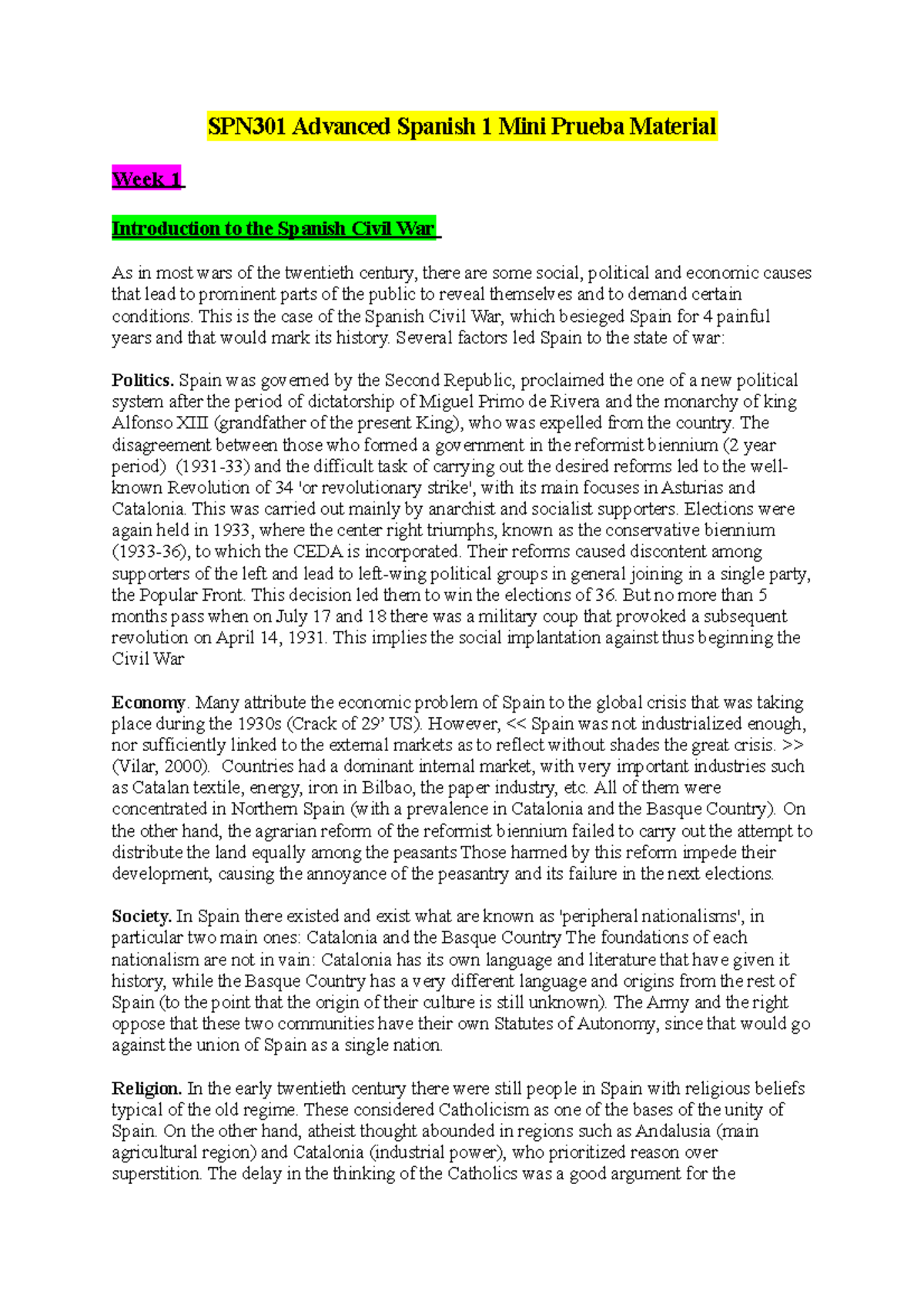 SPN 301 Advanced Spanish Reading - SPN301 Advanced Spanish 1 Mini ...