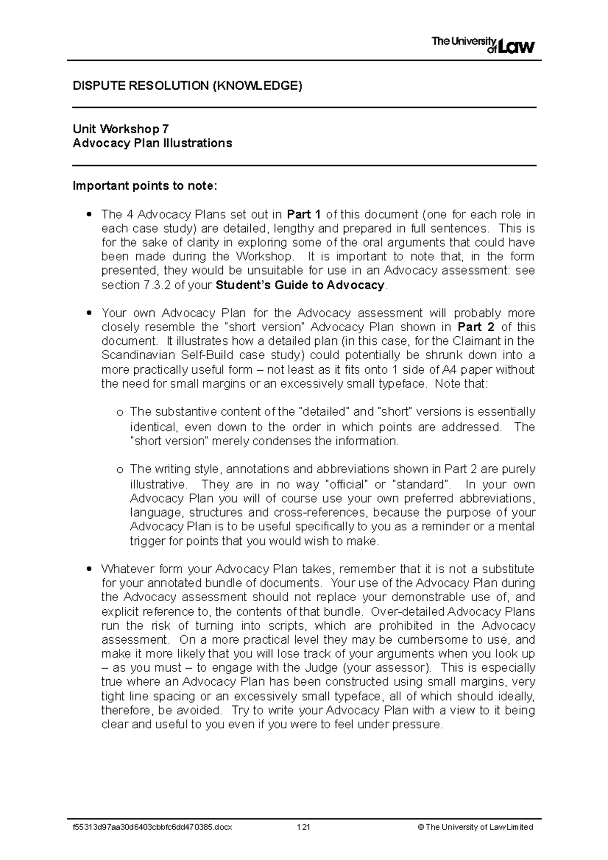 2021 Dispute resolution specimen advocacy plans - DISPUTE RESOLUTION ...