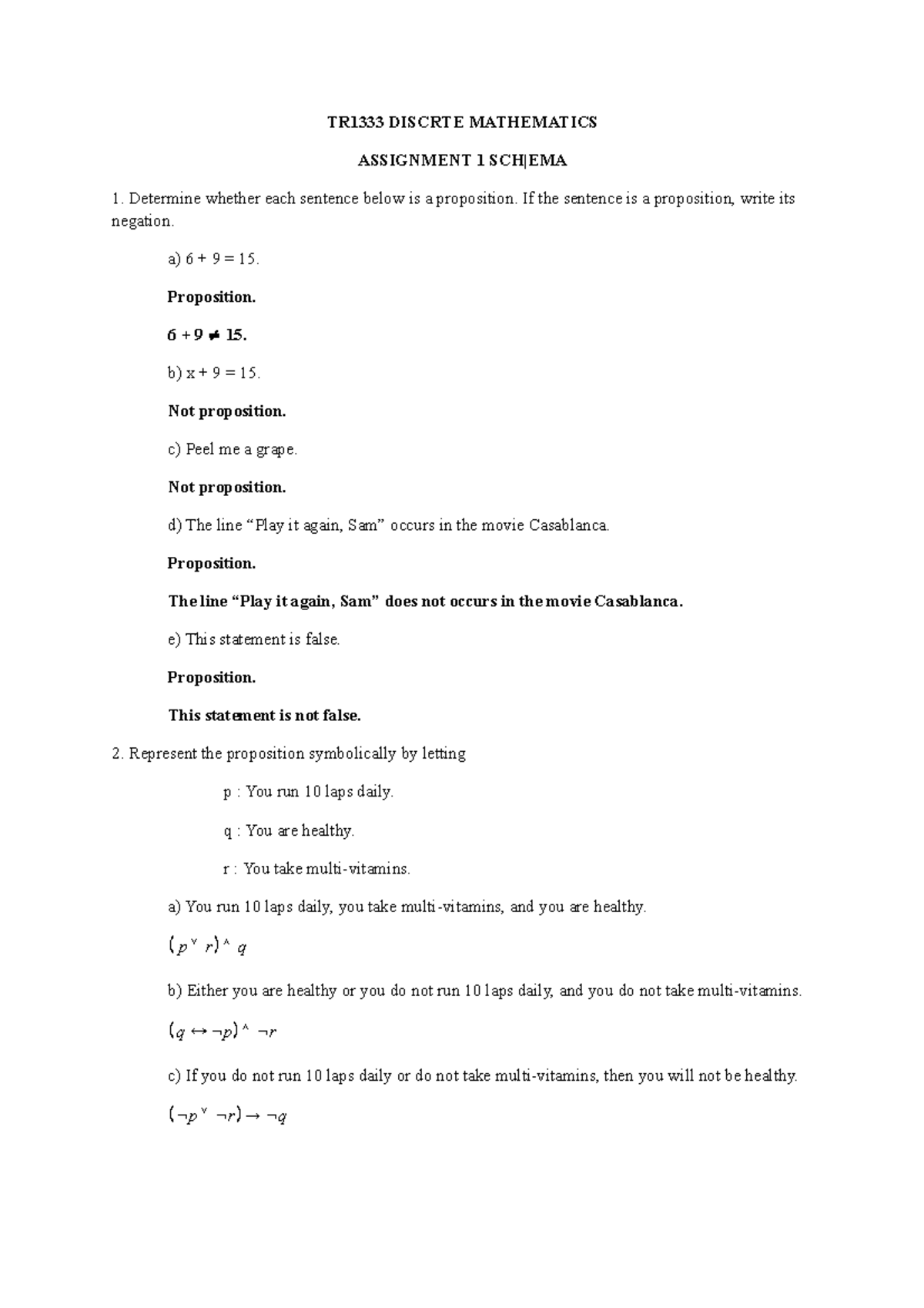 Assignment 1 with Answers - DISCRTE MATHEMATICS ASSIGNMENT 1 1 ...