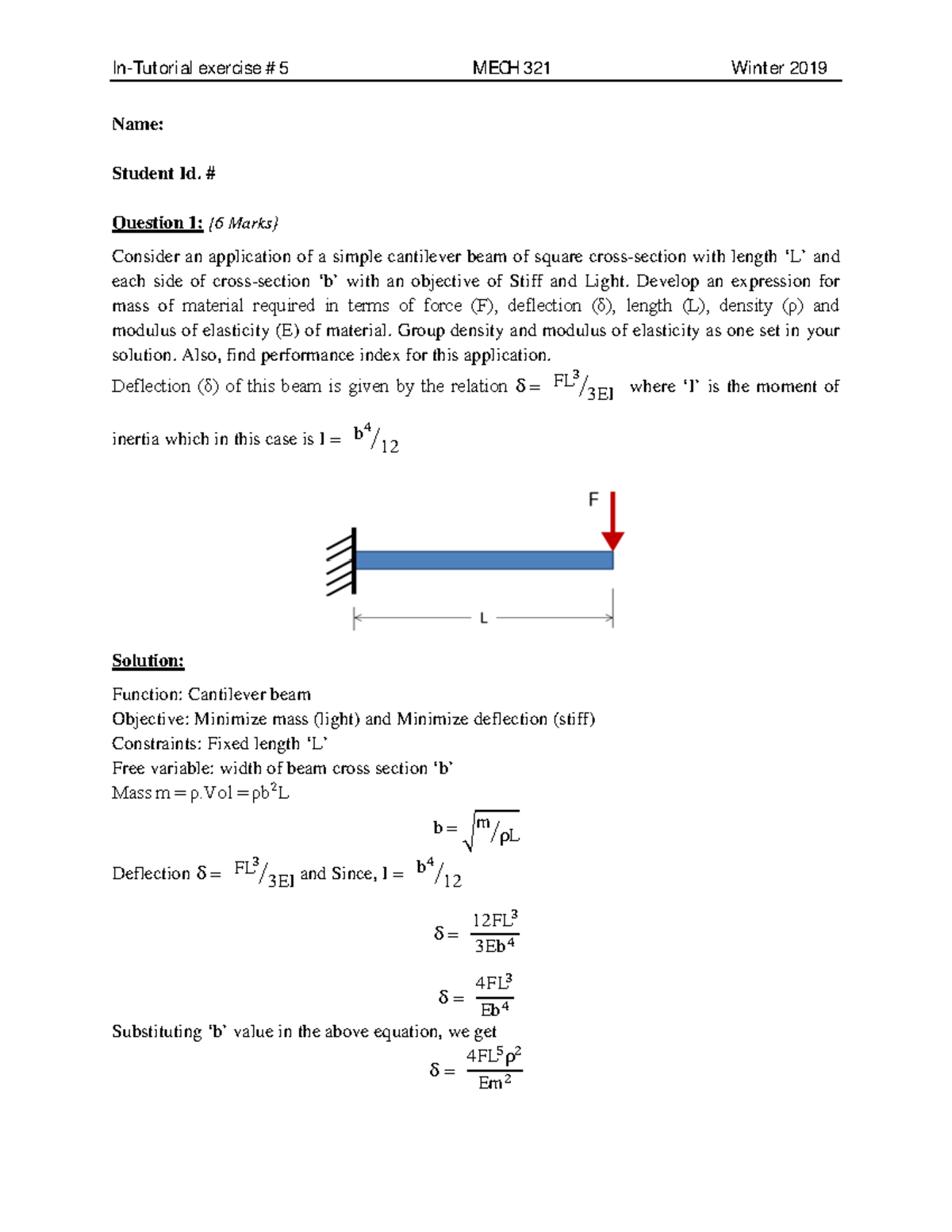 In-Tutorial Exercise 5 ,MECH 321 - In-Tutorial exercise # 5 MECH 321 ...