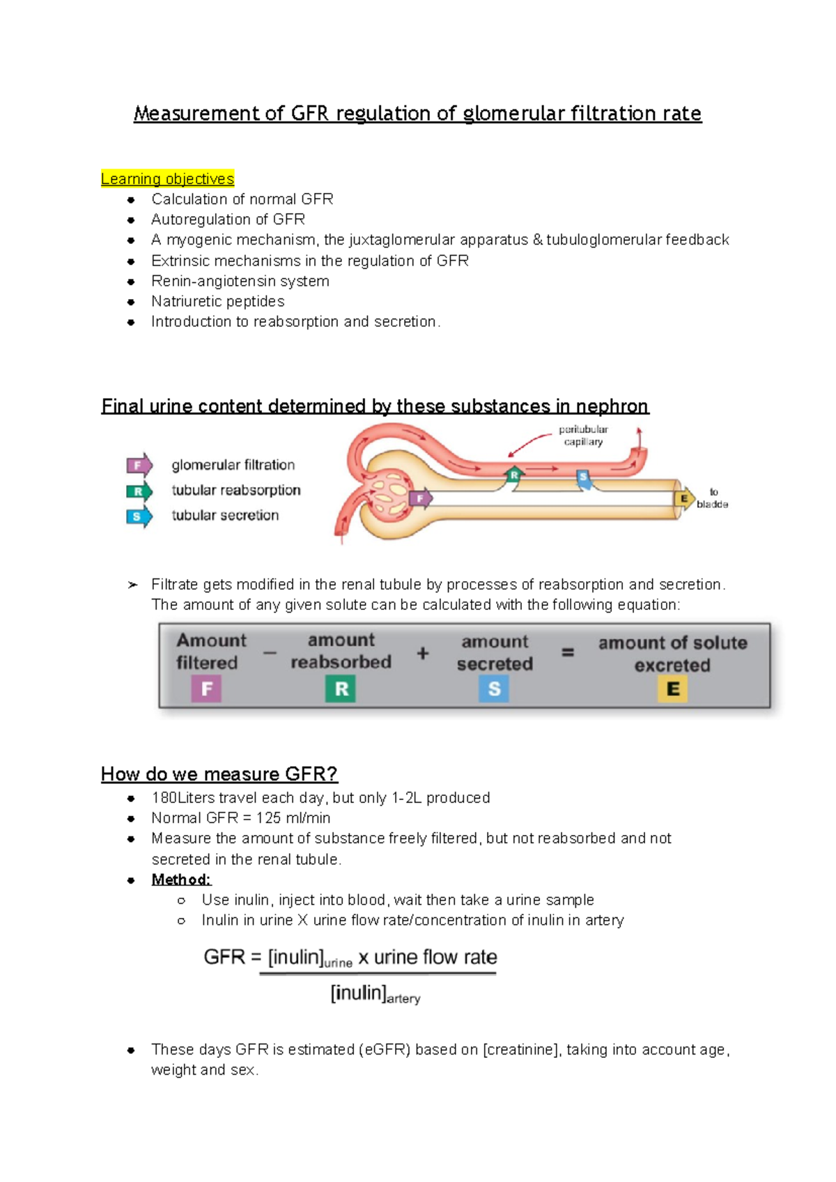 Measurement of GFR regulation of glomerular filtration rate - Final ...