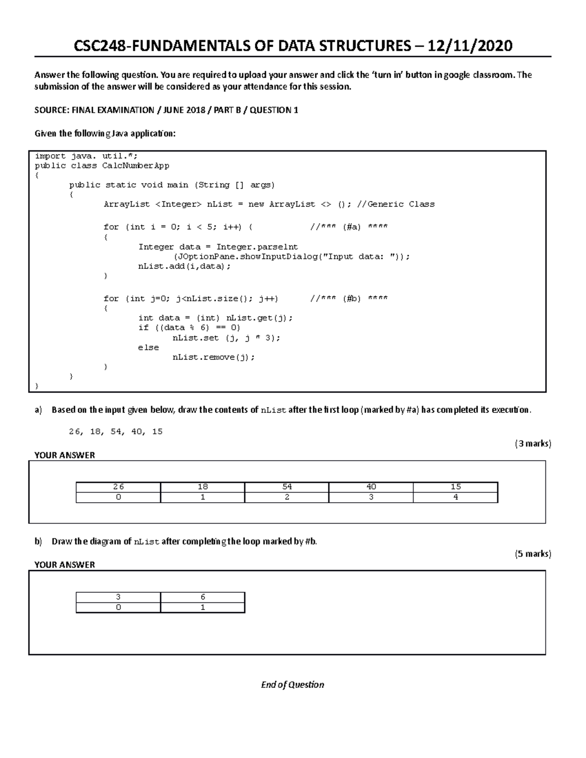 Quiz 202011 12 FEQ Jun2018 - CSC248-FUNDAMENTALS OF DATA STRUCTURES – 12/11/ Answer the ...