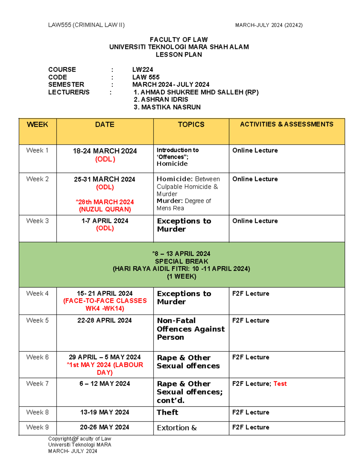 Ui Tmlaw Lesson PLAN FOR SEM March - JULY 2024 - LAW555 (CRIMINAL LAW ...