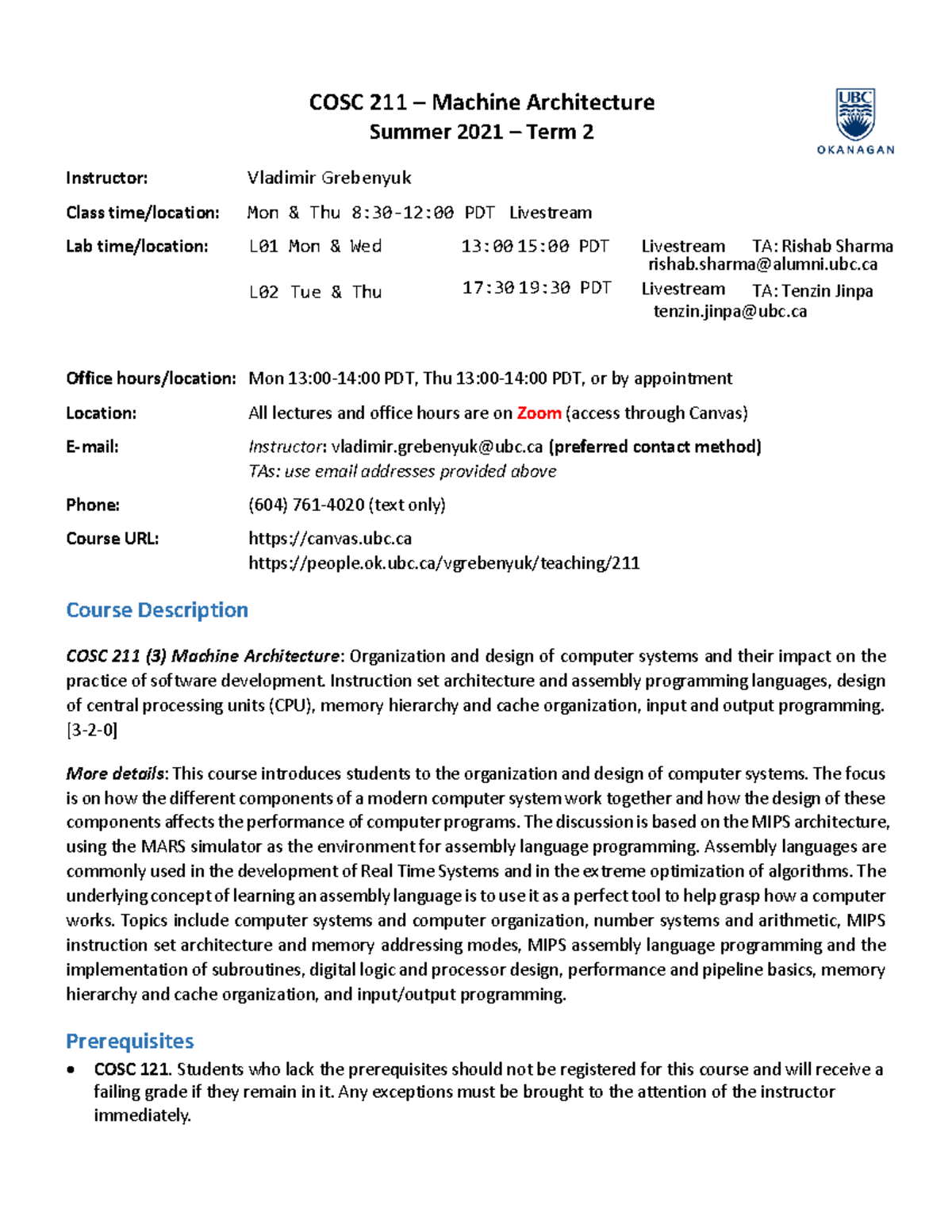 COSC 211 Course Outline Summer T 2-2021 with schedule-corrected - COSC ...