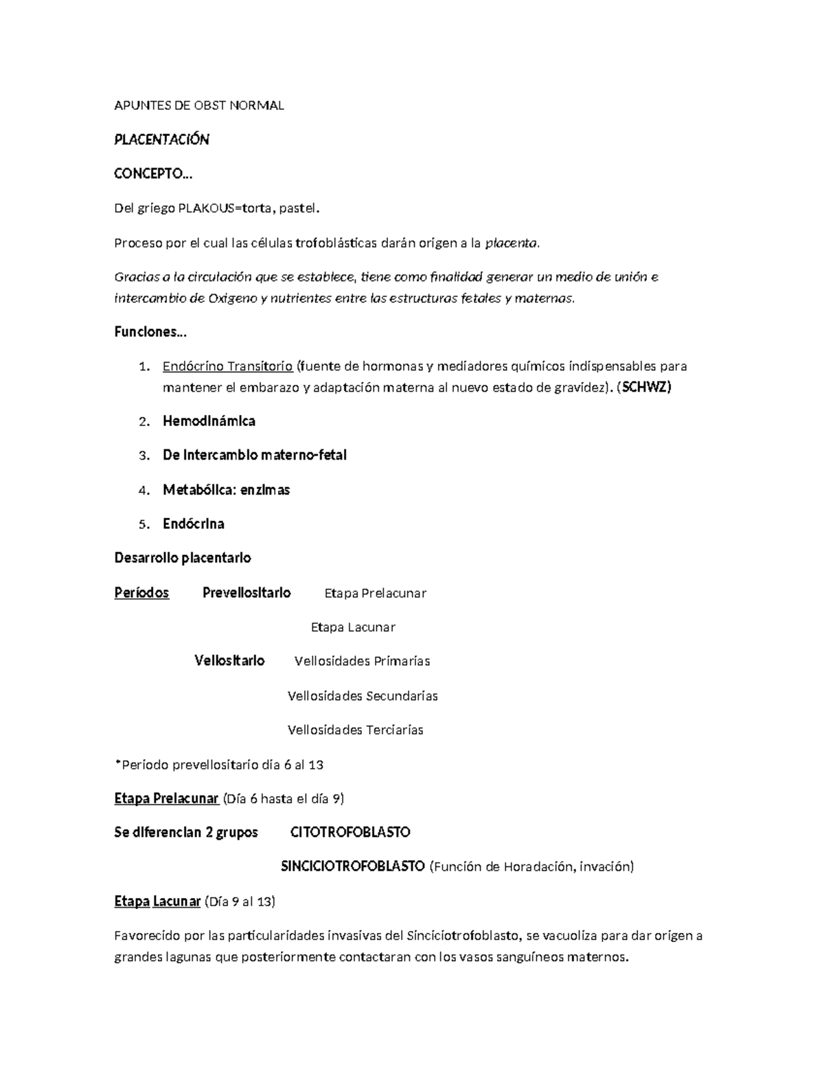 Apuntes DE OBST Normal - APUNTES DE OBST NORMAL PLACENTACIÓN CONCEPTO ...