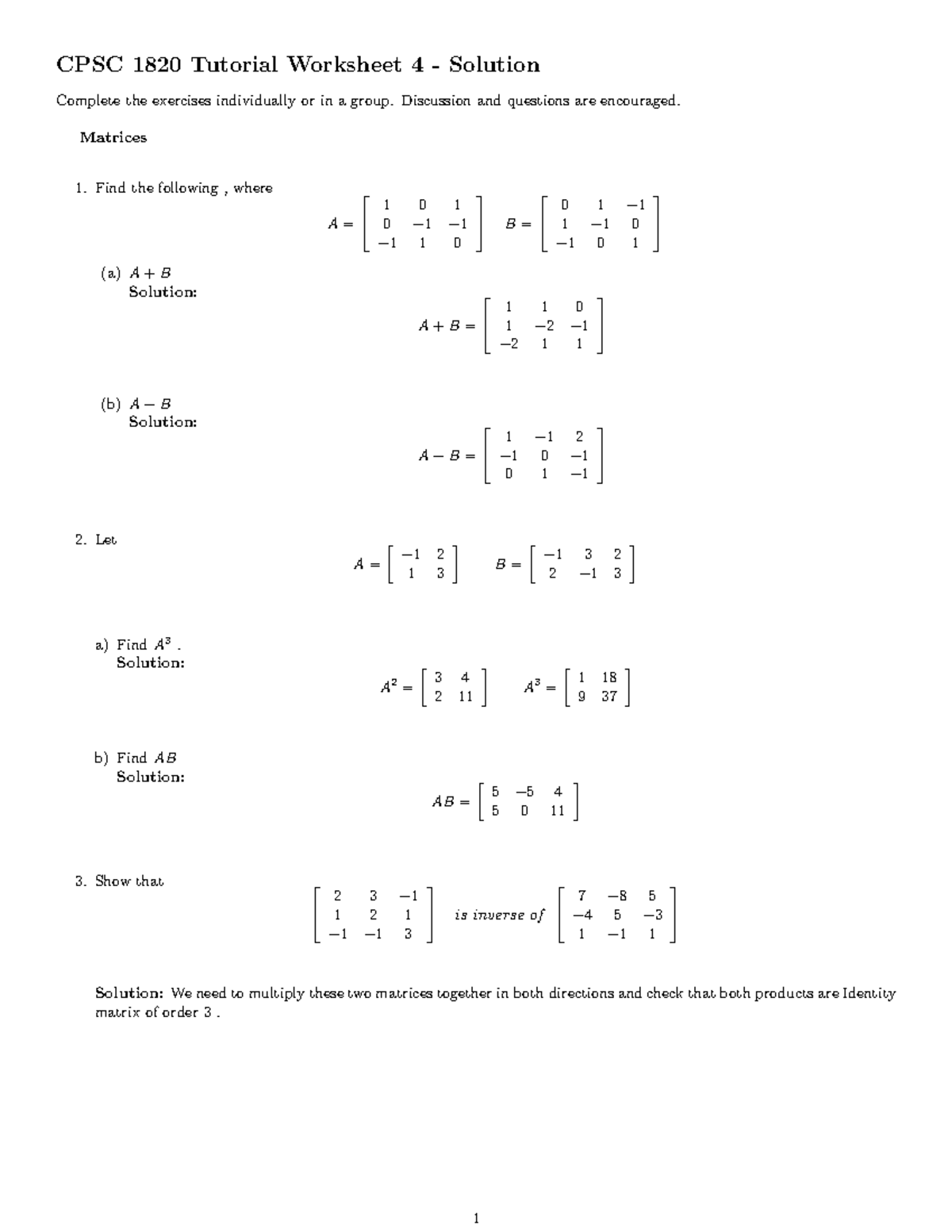 Worksheet 4 - Questions and Answers - CPSC 1820 Tutorial Worksheet 4 ...