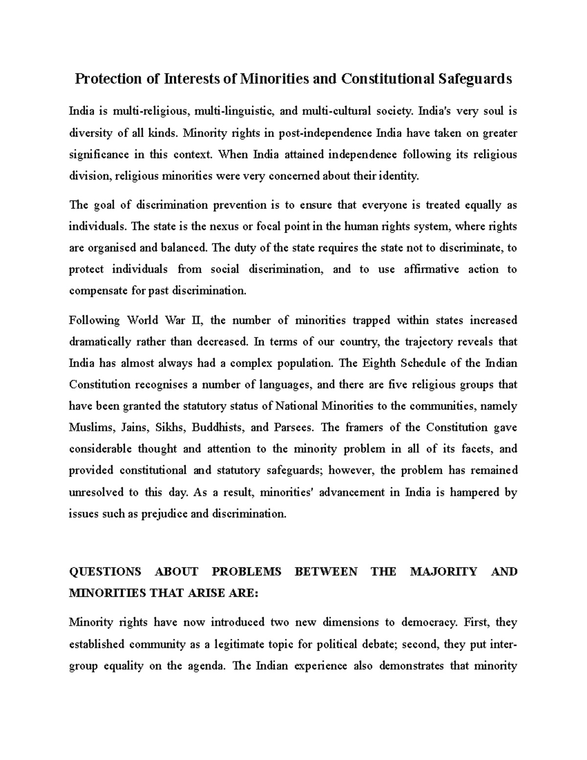 Protection of Interests of Minorities and Constitutional Safeguards ...