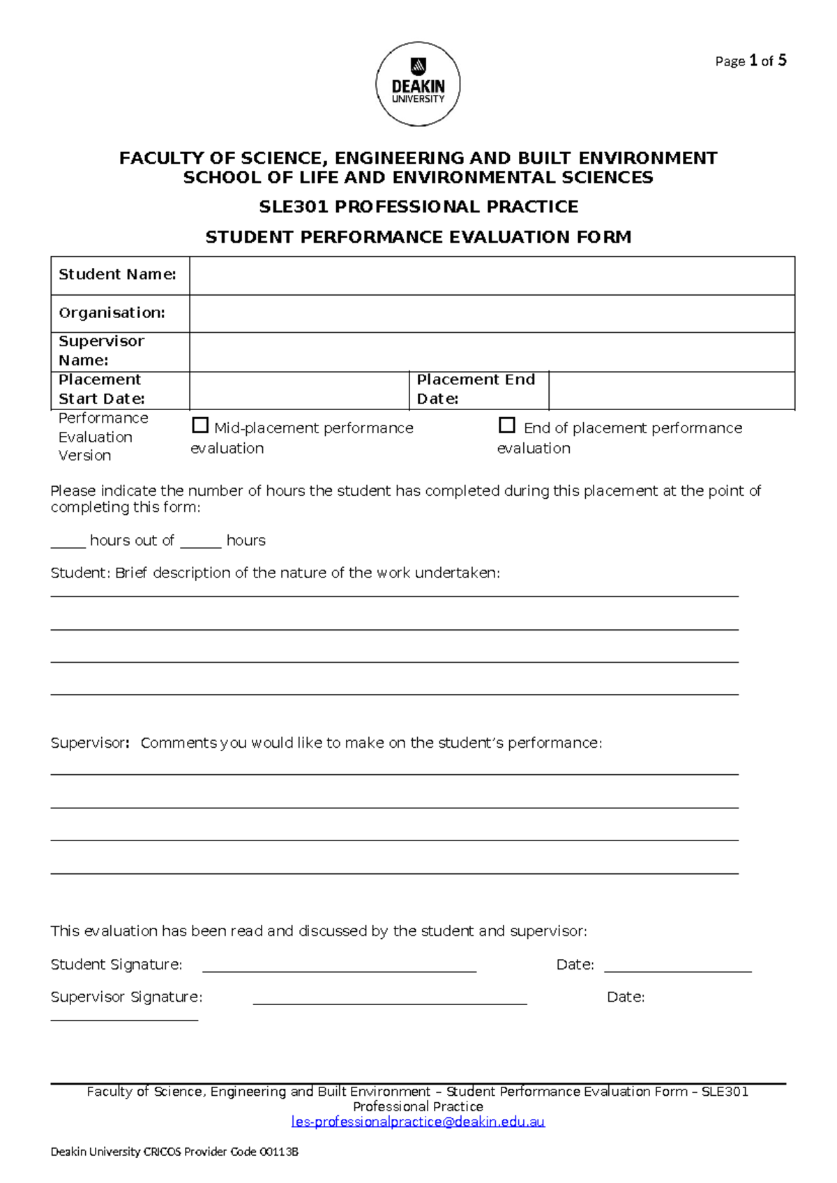 SLE301 Student Performance Evaluation Form (2024) - FACULTY OF SCIENCE ...