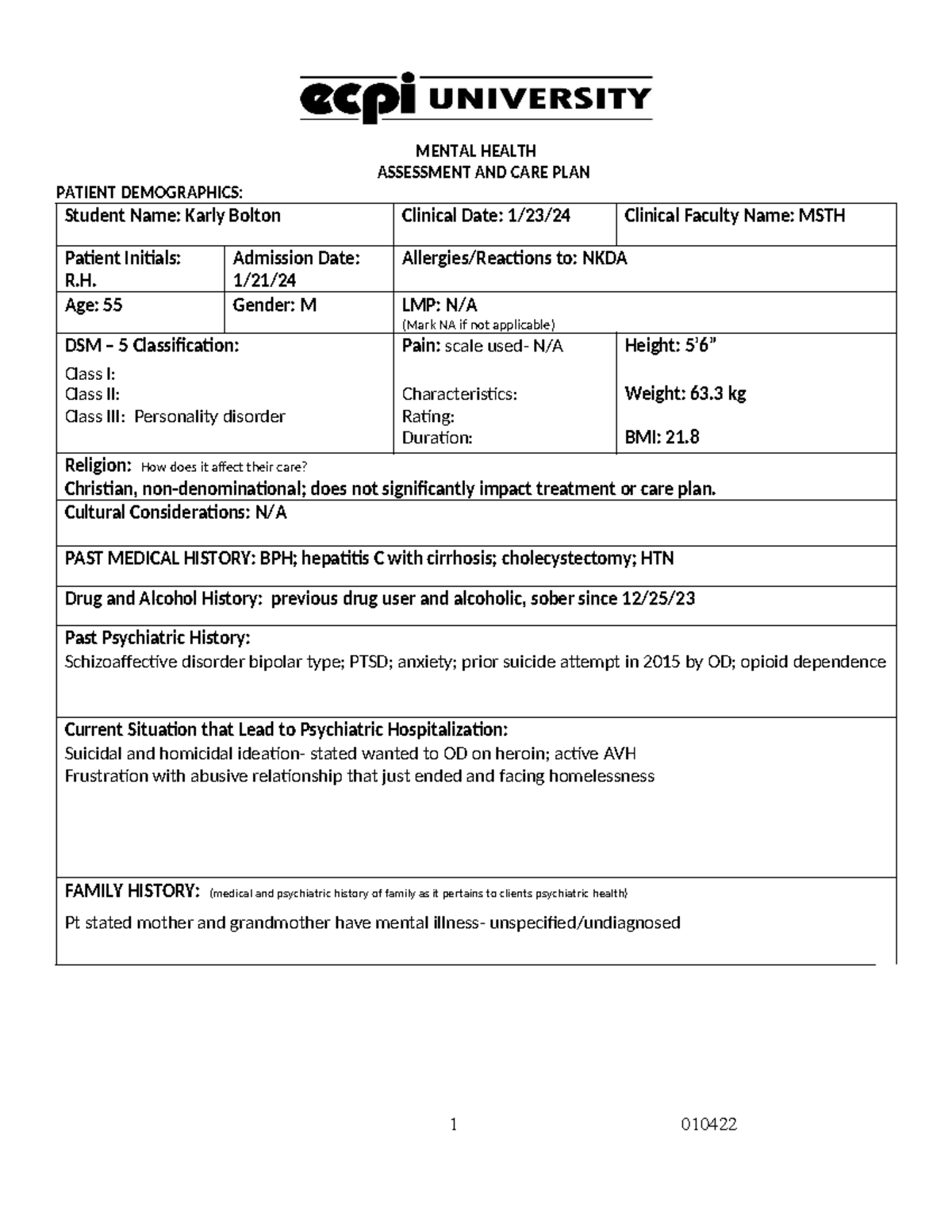 MHN Care Plan #1 - mental health care plan - MENTAL HEALTH ASSESSMENT ...