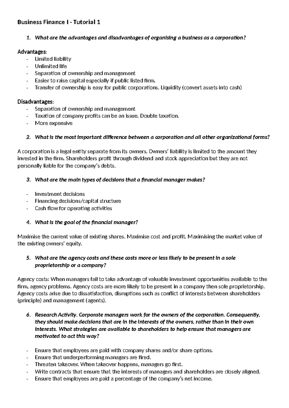Tutorial 1 - Business Finance I - Tutorial 1 What are the advantages and disadvantages of ...