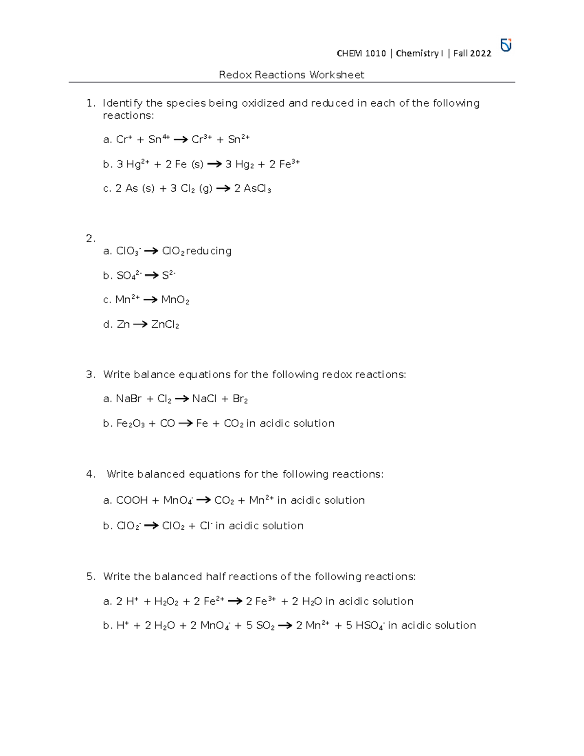 FA22 Redox Reactions Worksheet - CHEM 1010 | Chemistry I | Fall 2022 Redox Reactions Worksheet ...