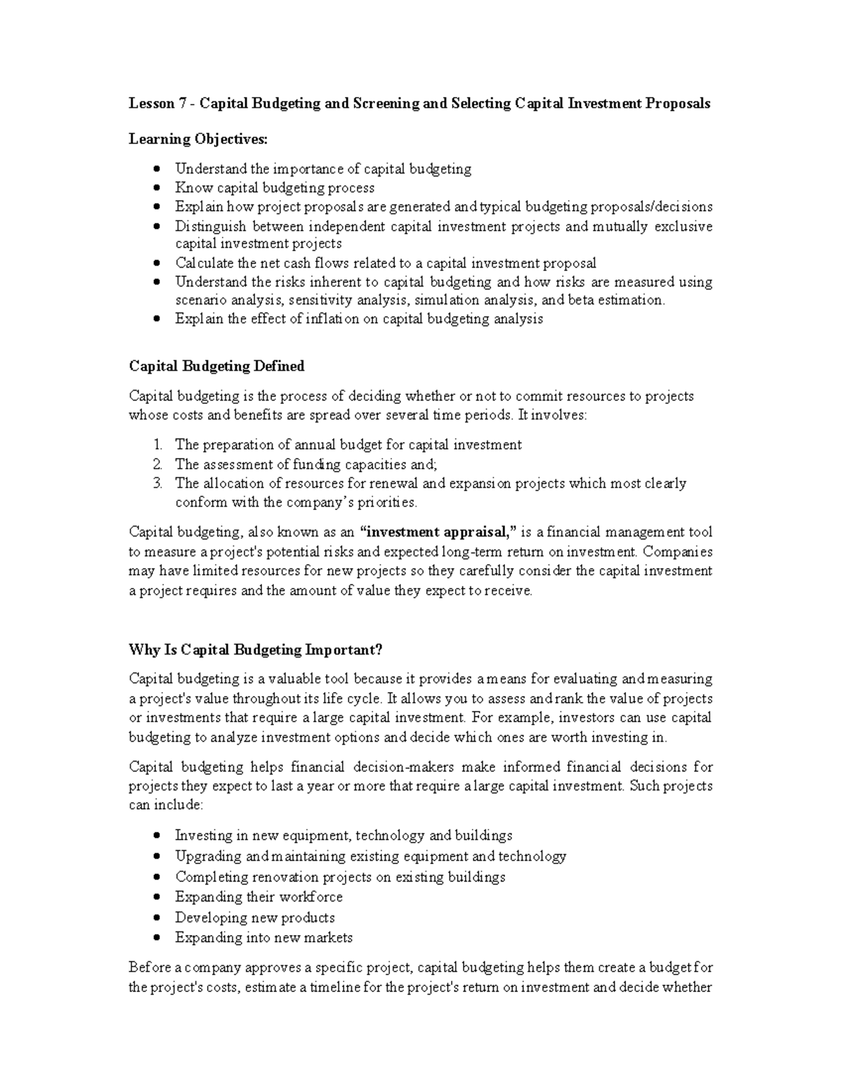 Lesson 7 - Capital Budgeting and Selecting Capital Investment Proposals ...
