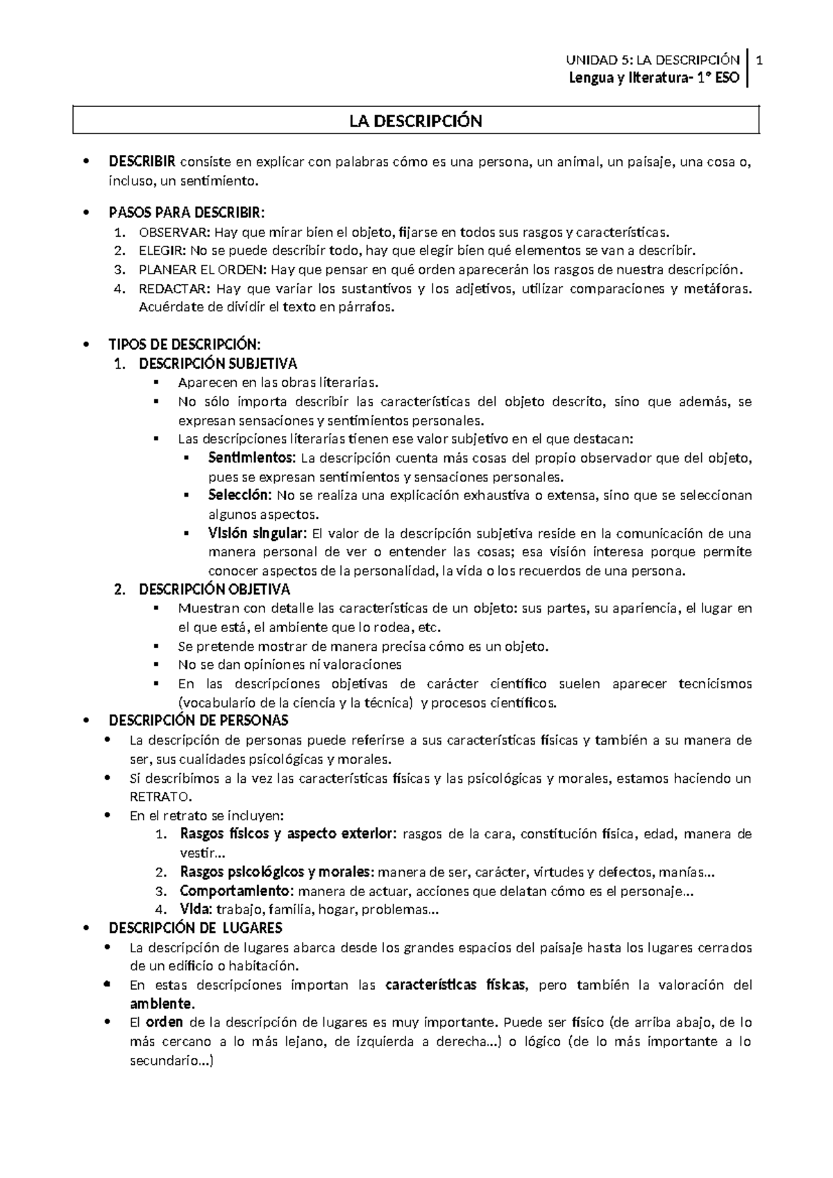 La-descripcic 3b3n - ACTIVIDAD DE REPASO - Lengua y literatura- 1º ESO ...