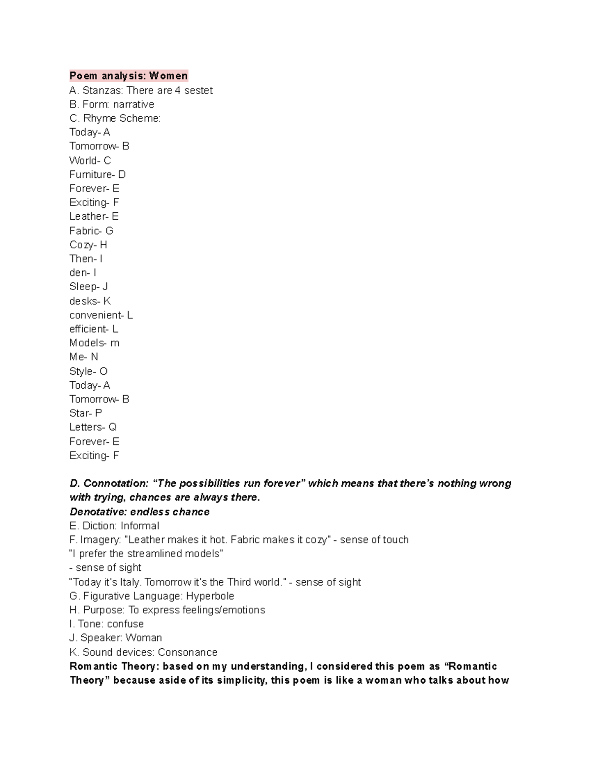PA Women - Poem analysis: Women A. Stanzas: There are 4 sestet B. Form ...