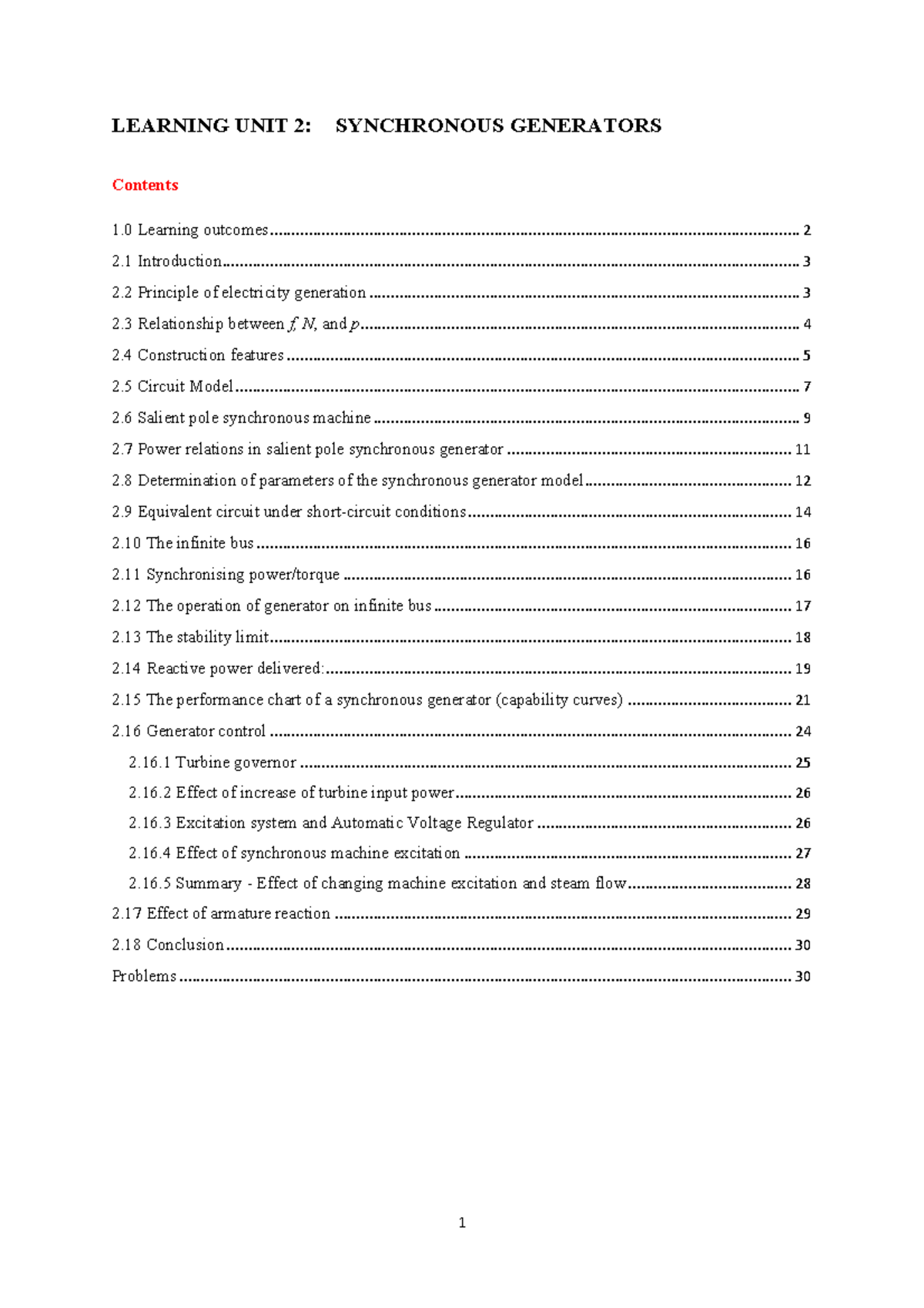 Power Engineering Systems Learning Unit 2 - LEARNING UNIT 2 : SYNCHRONOUS GENERATORS 1 Learning ...