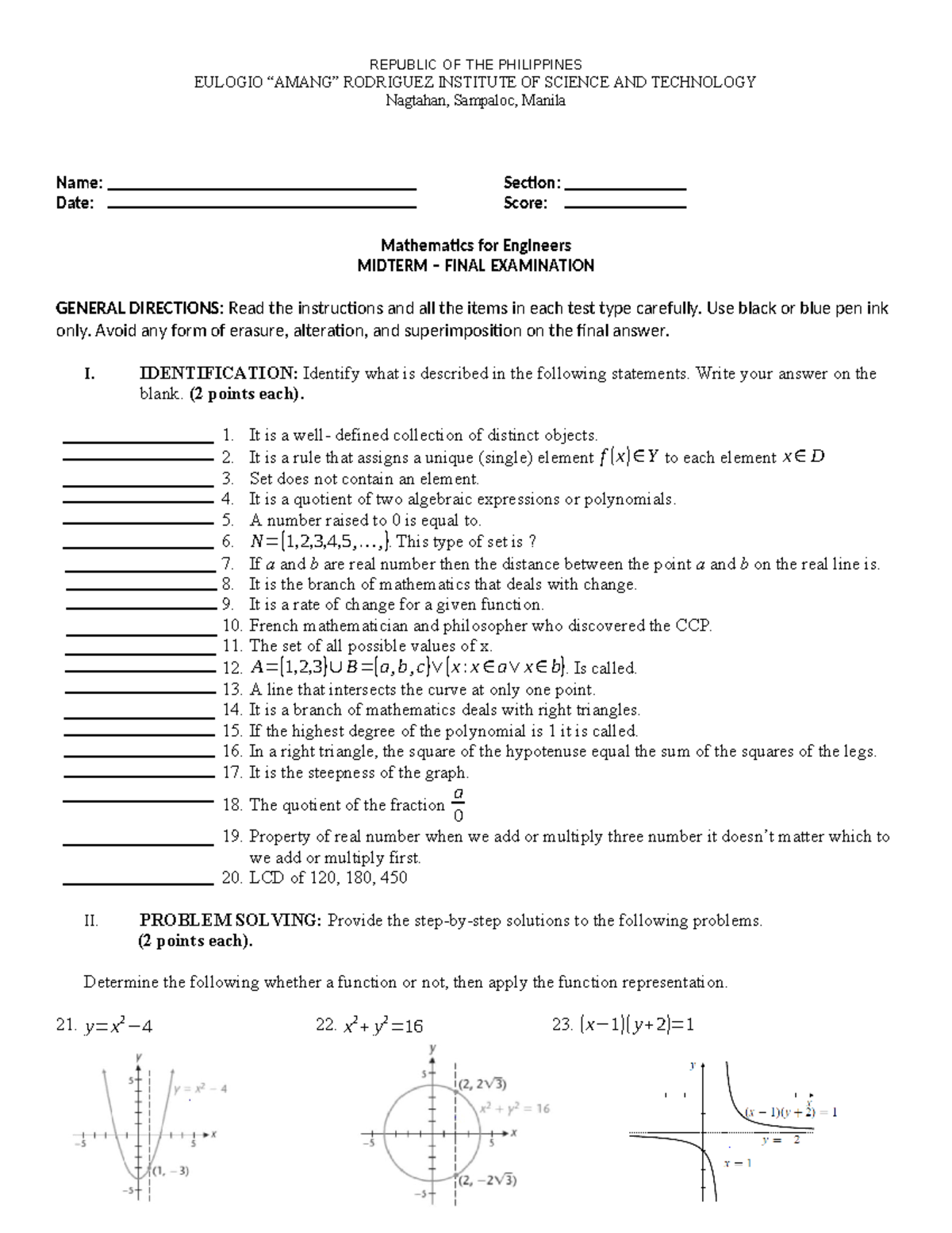Mathematics for Engineers Examination - REPUBLIC OF THE PHILIPPINES ...