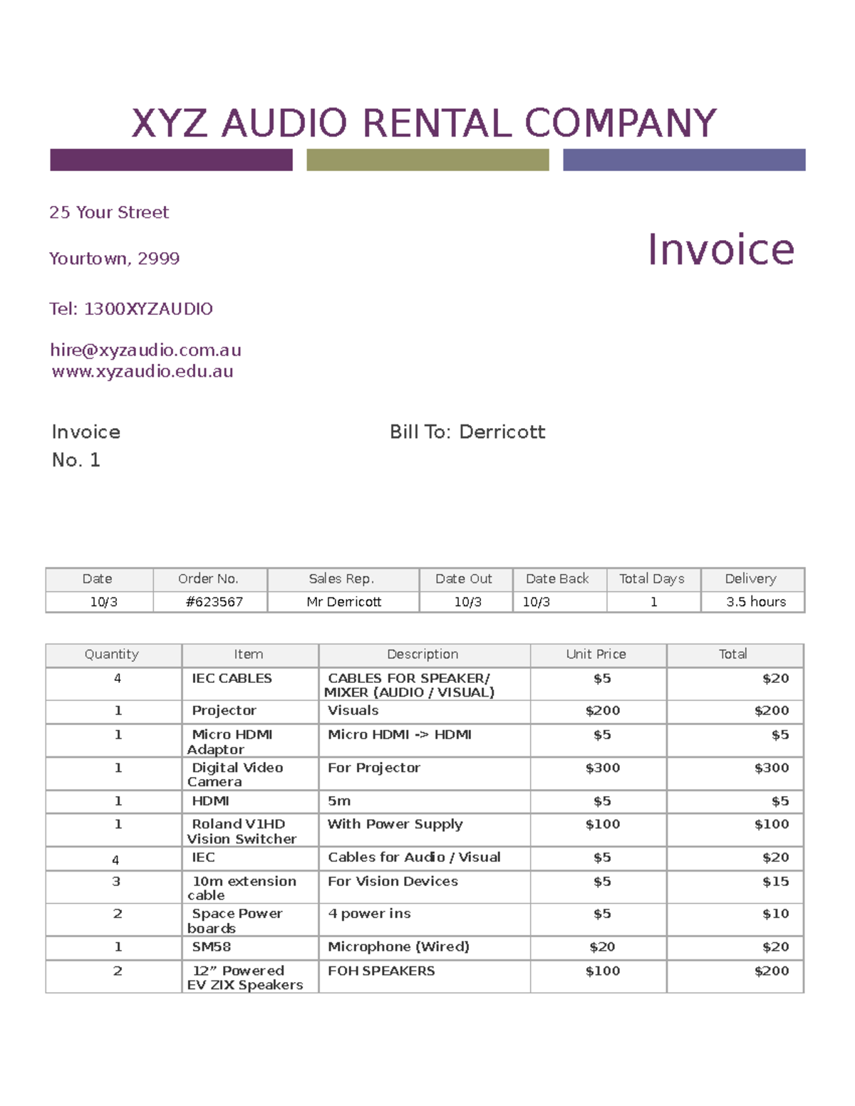 Invoice Blank - Example - XYZ AUDIO RENTAL COMPANY 25 Your Street ...
