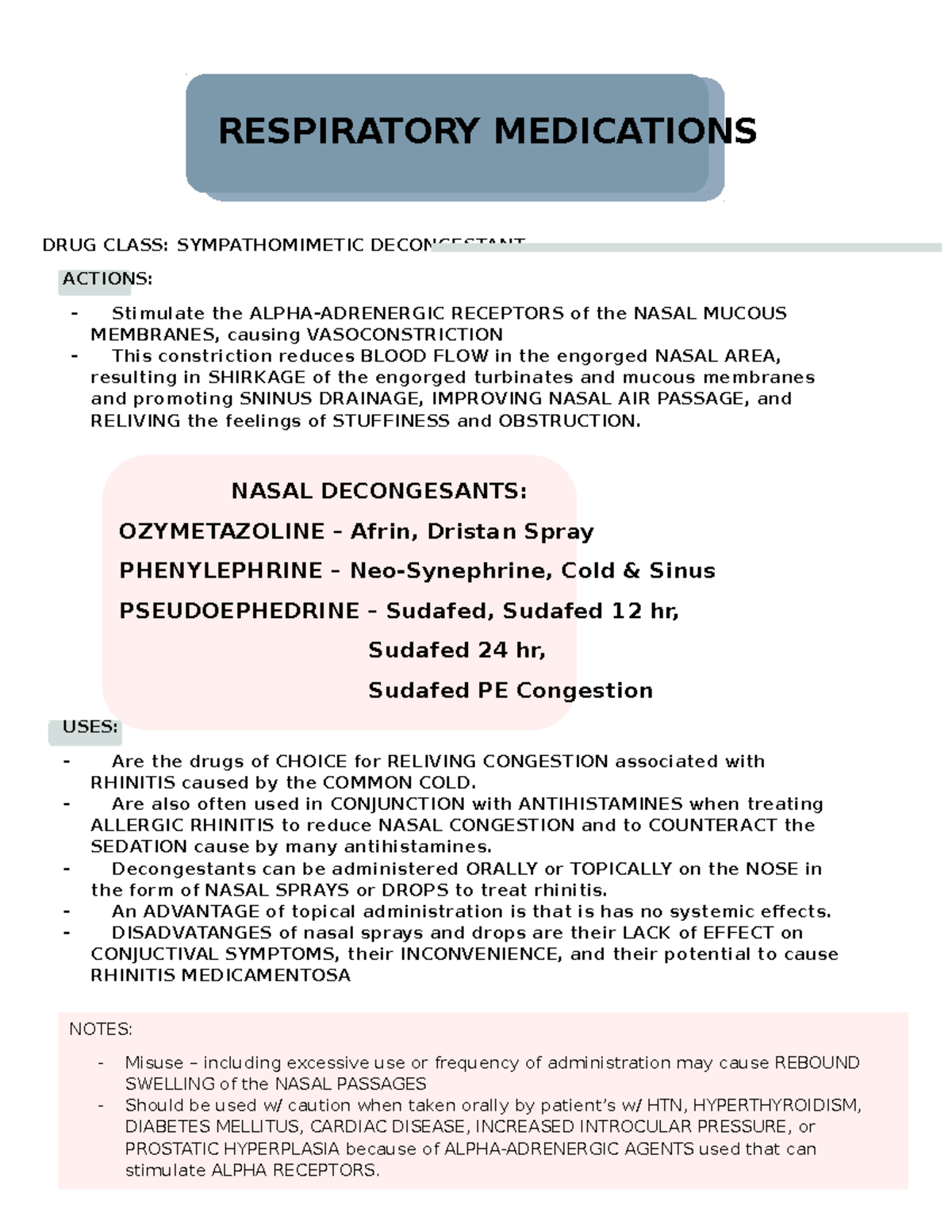 Respiratory Medications - RESPIRATORY MEDICATIONS DRUG CLASS ...