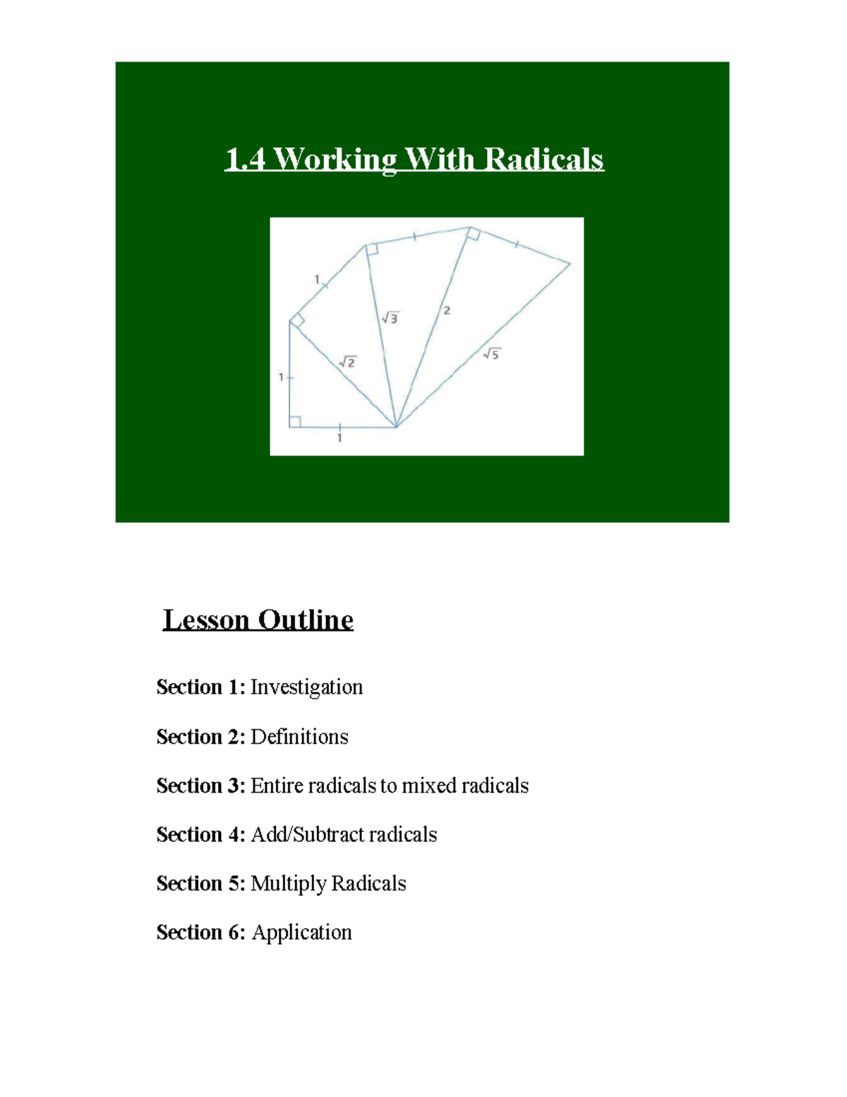 1.4 Radicals lesson solutions - 1 Working With Radicals Lesson Outline ...