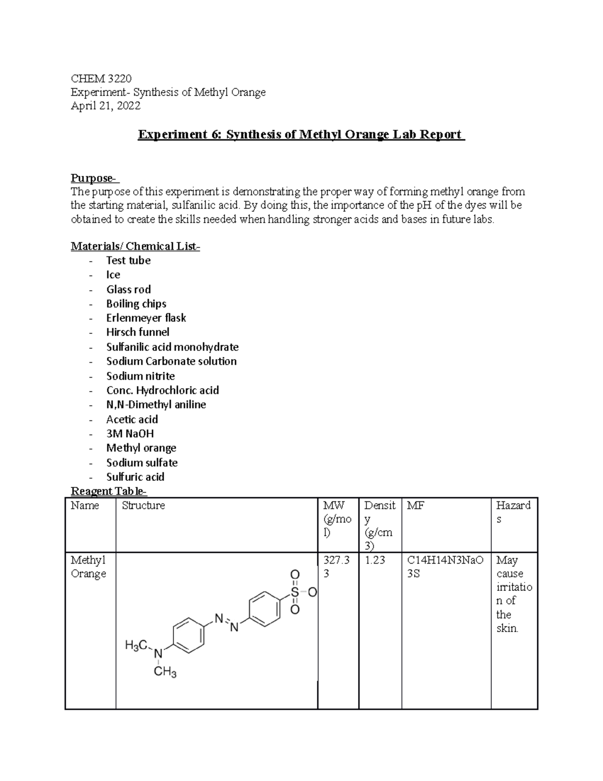 Experiment 6 Synthesis of Methyl Orange Lab Report - CHEM 3220 ...