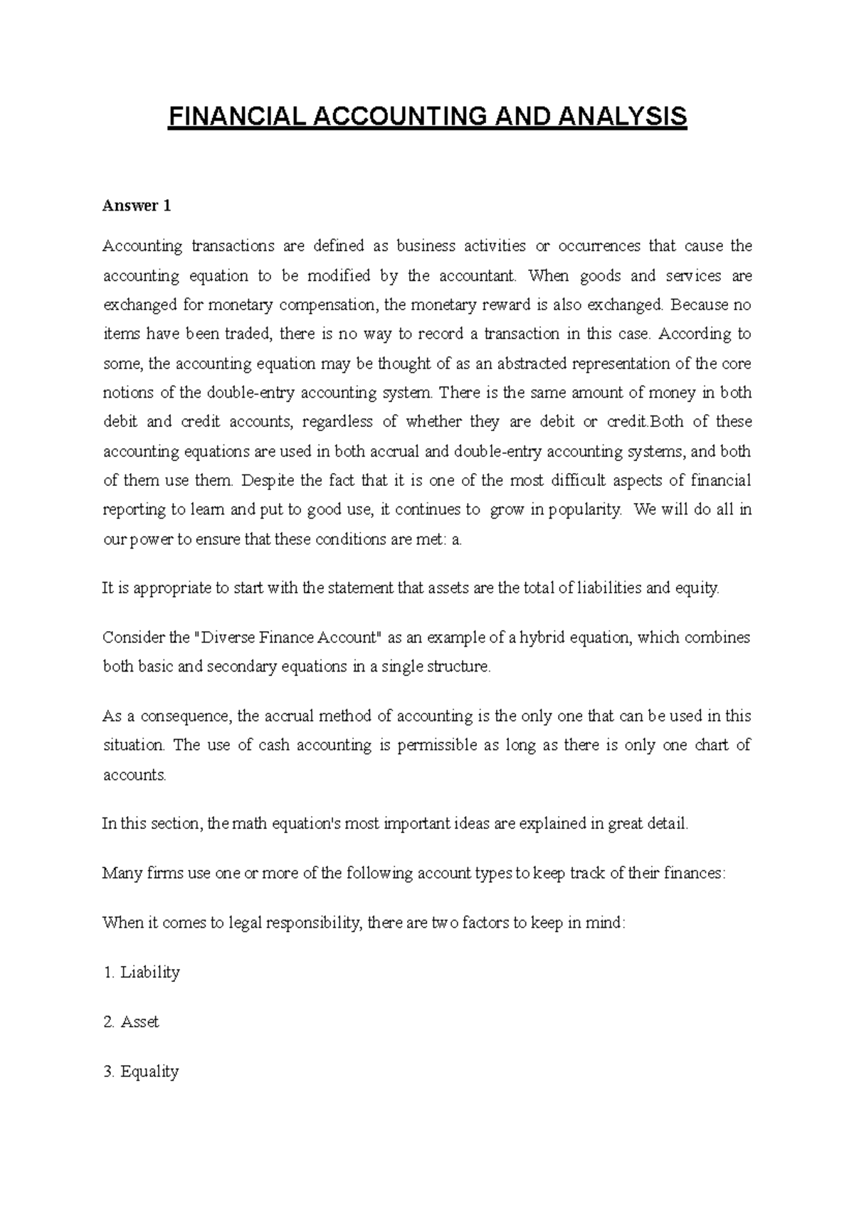 Corporate finance report one - FINANCIAL ACCOUNTING AND ANALYSIS Answer ...