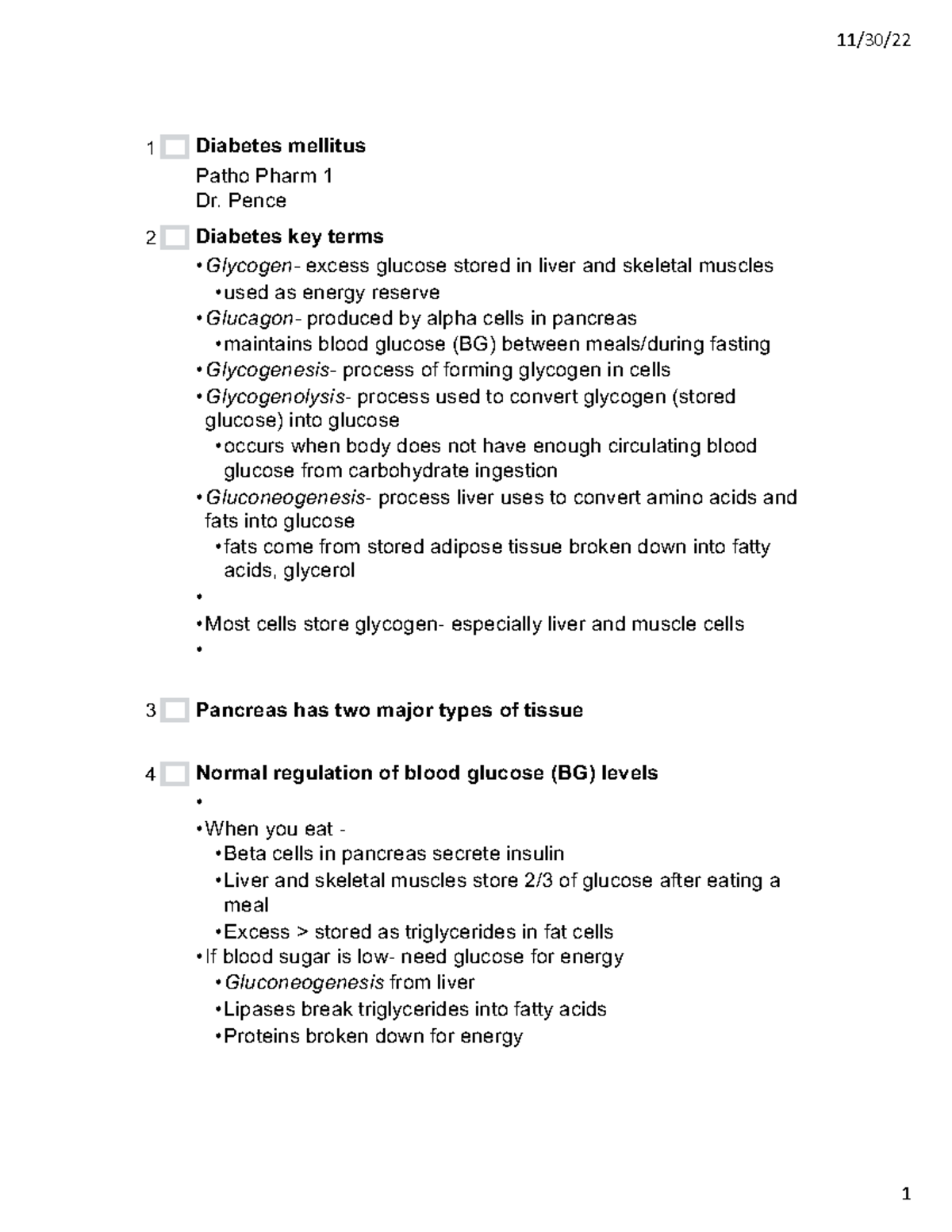 Diabetes 239 - 11/30/ 1 Diabetes mellitus Patho Pharm 1 Dr. Pence ...