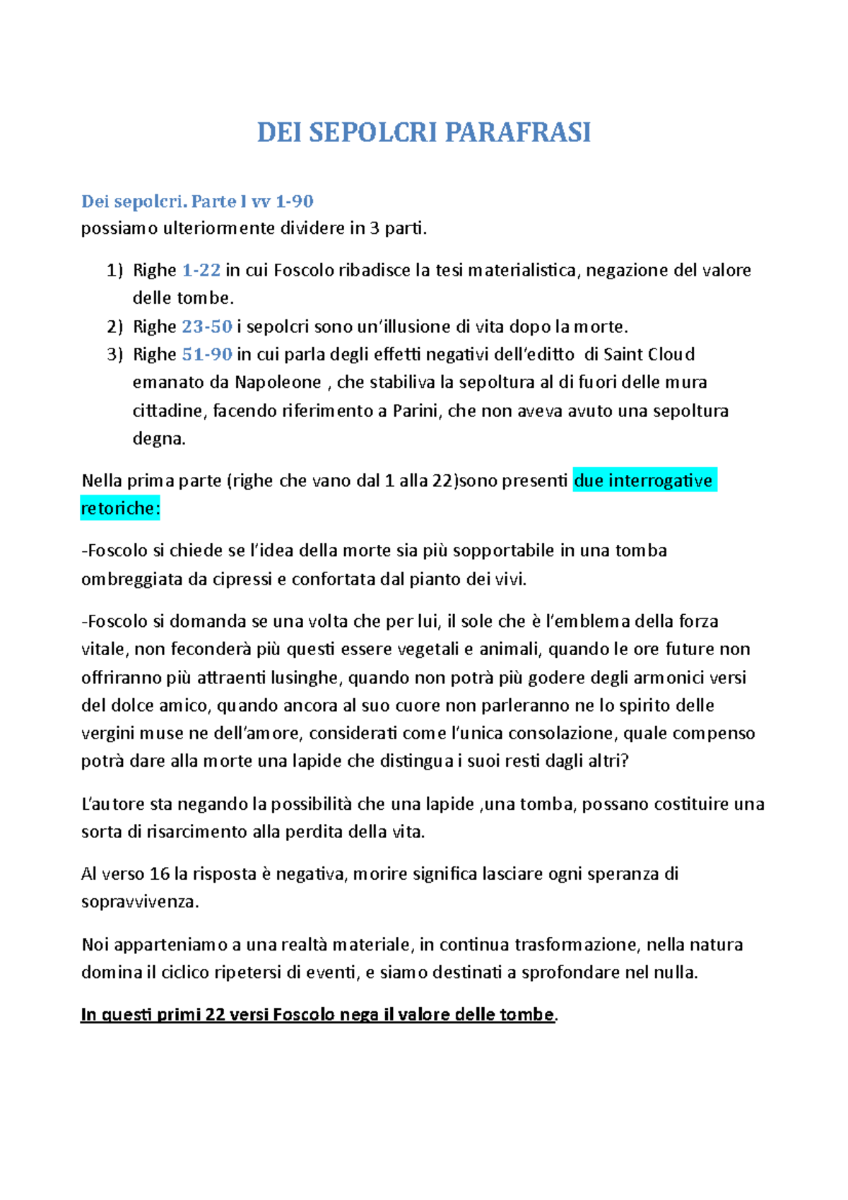 PARAFRASI "DEI SEPOLCRI" - DEI SEPOLCRI PARAFRASI Dei sepolcri. Parte I ...